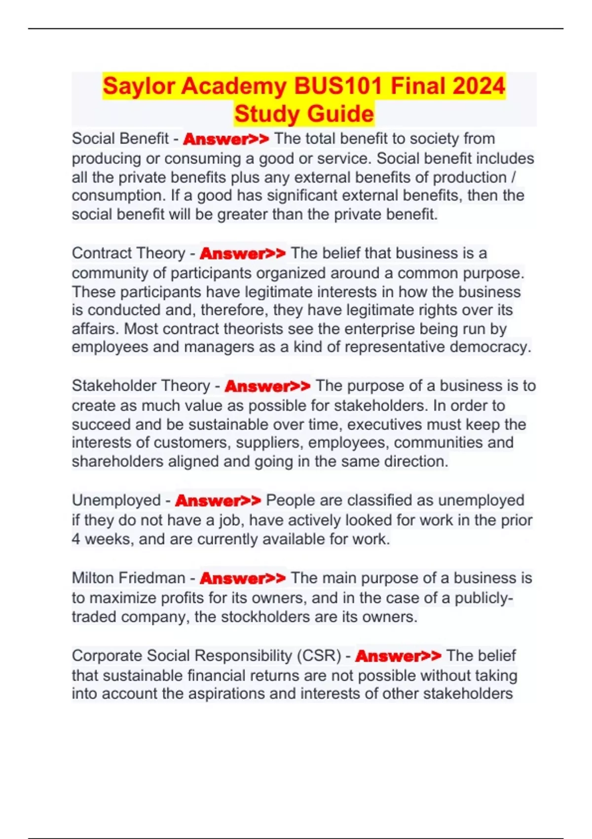 Saylor Academy BUS101 Final 2024 Study Guide - Saylor - Stuvia US