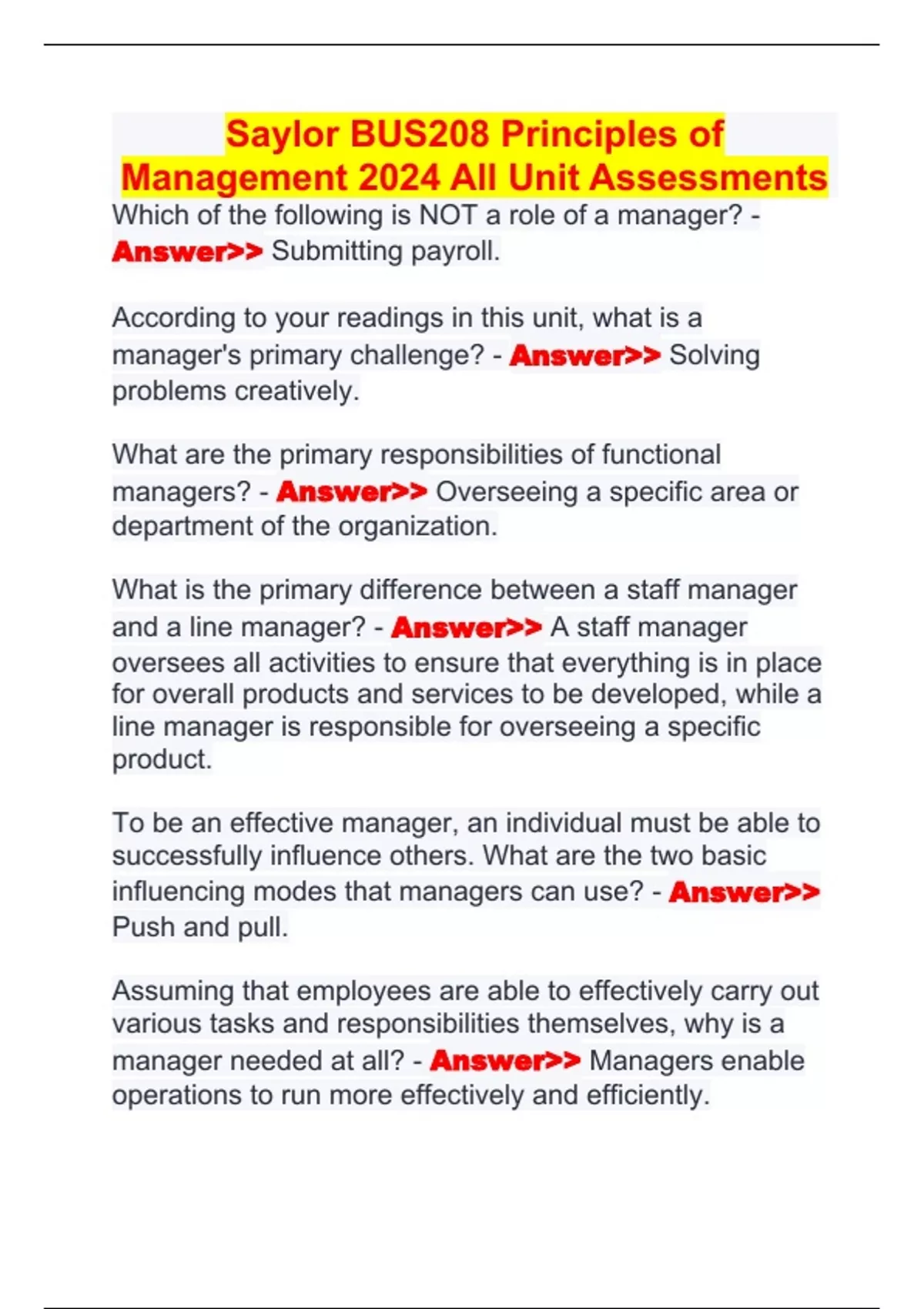 Saylor BUS208 Principles of Management 2024 All Unit Assessments ...