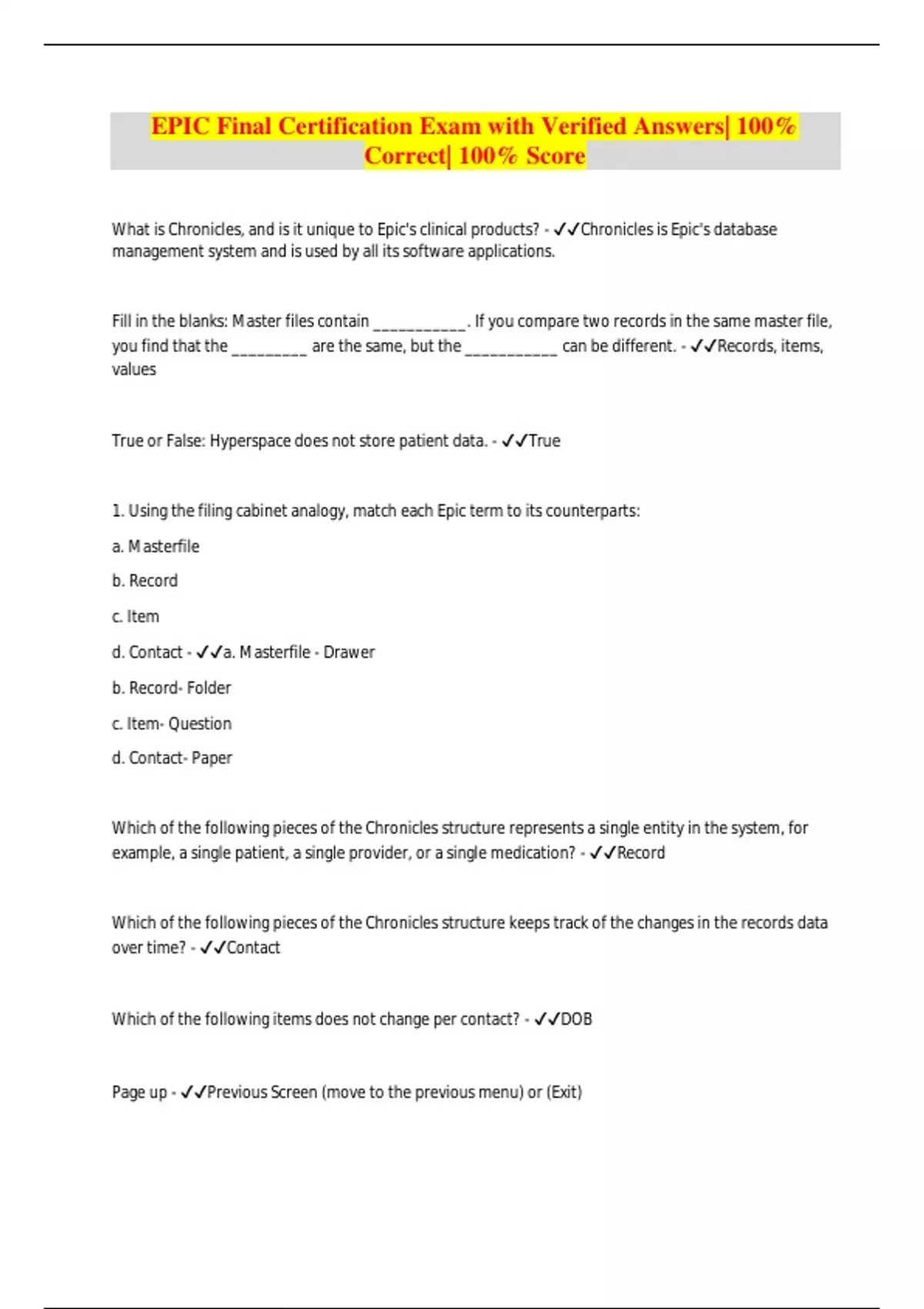 EPIC Final Certification Exam with Verified Answers| 100% Correct| 100% ...