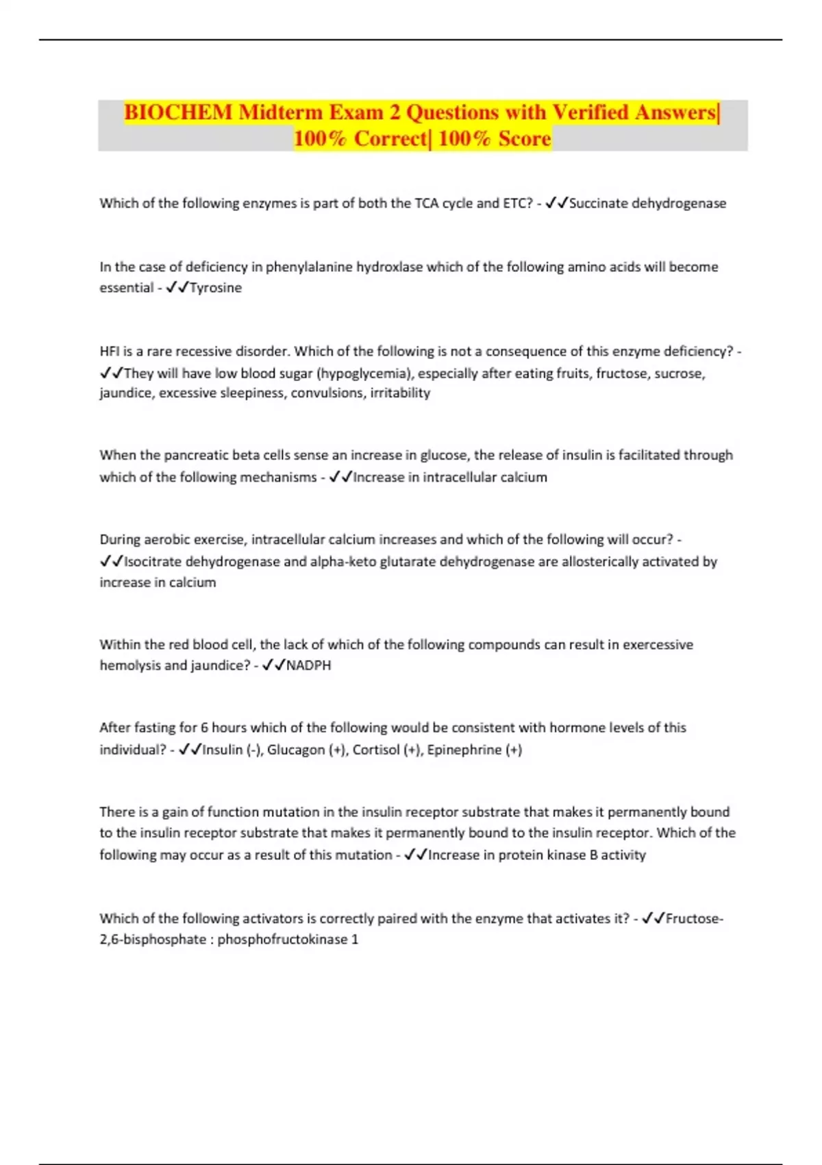 BIOCHEM Midterm Exam 2 Questions with Verified Answers| 100% Correct ...