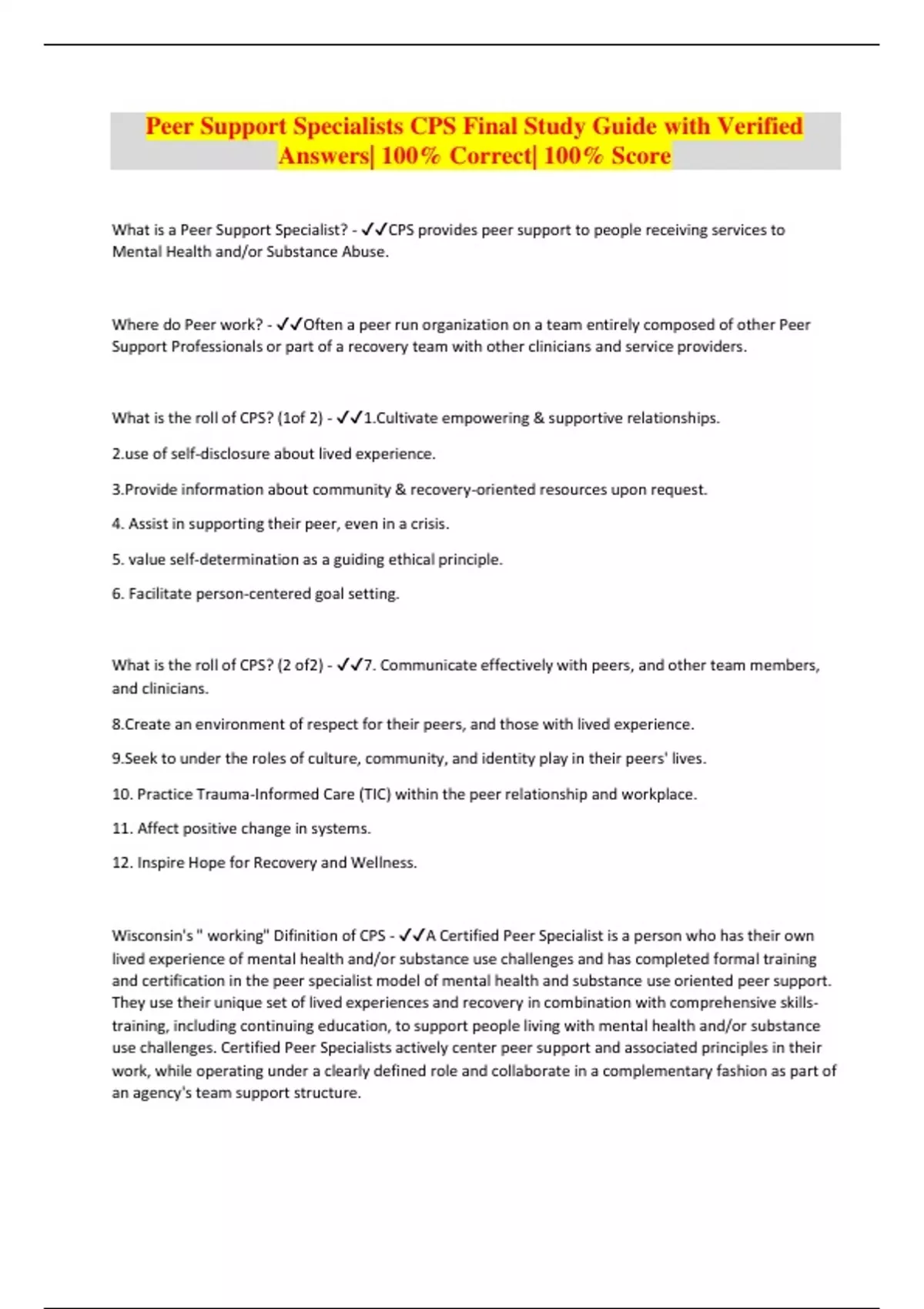 Peer Support Specialists CPS Final Study Guide with Verified Answers| 100% Correct| 100% Score ...