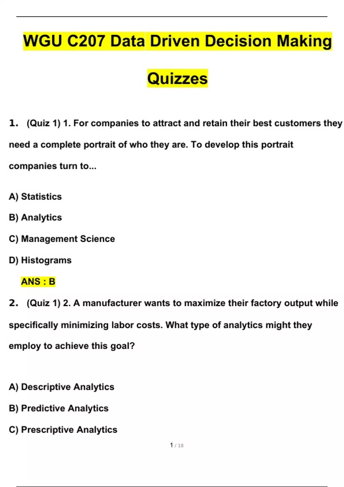 WGU C207 Data Driven Decision Making Quizzes Questions and Answers ...