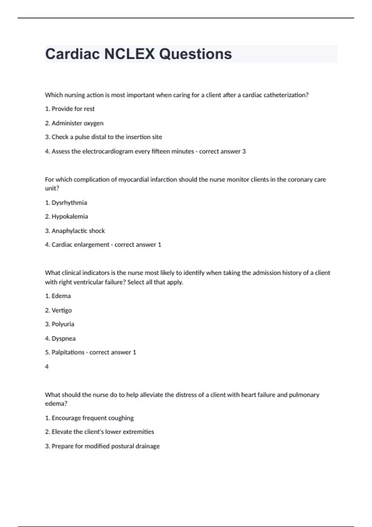 Cardiac NCLEX Questions with complete solution - CARDIAC NCLEX - Stuvia US