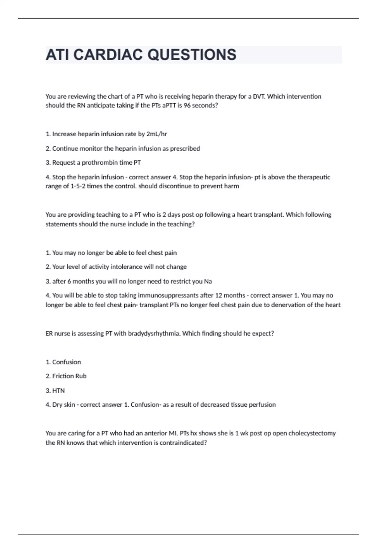 ATI CARDIAC QUESTIONS with complete solution - CARDIAC NCLEX - Stuvia US