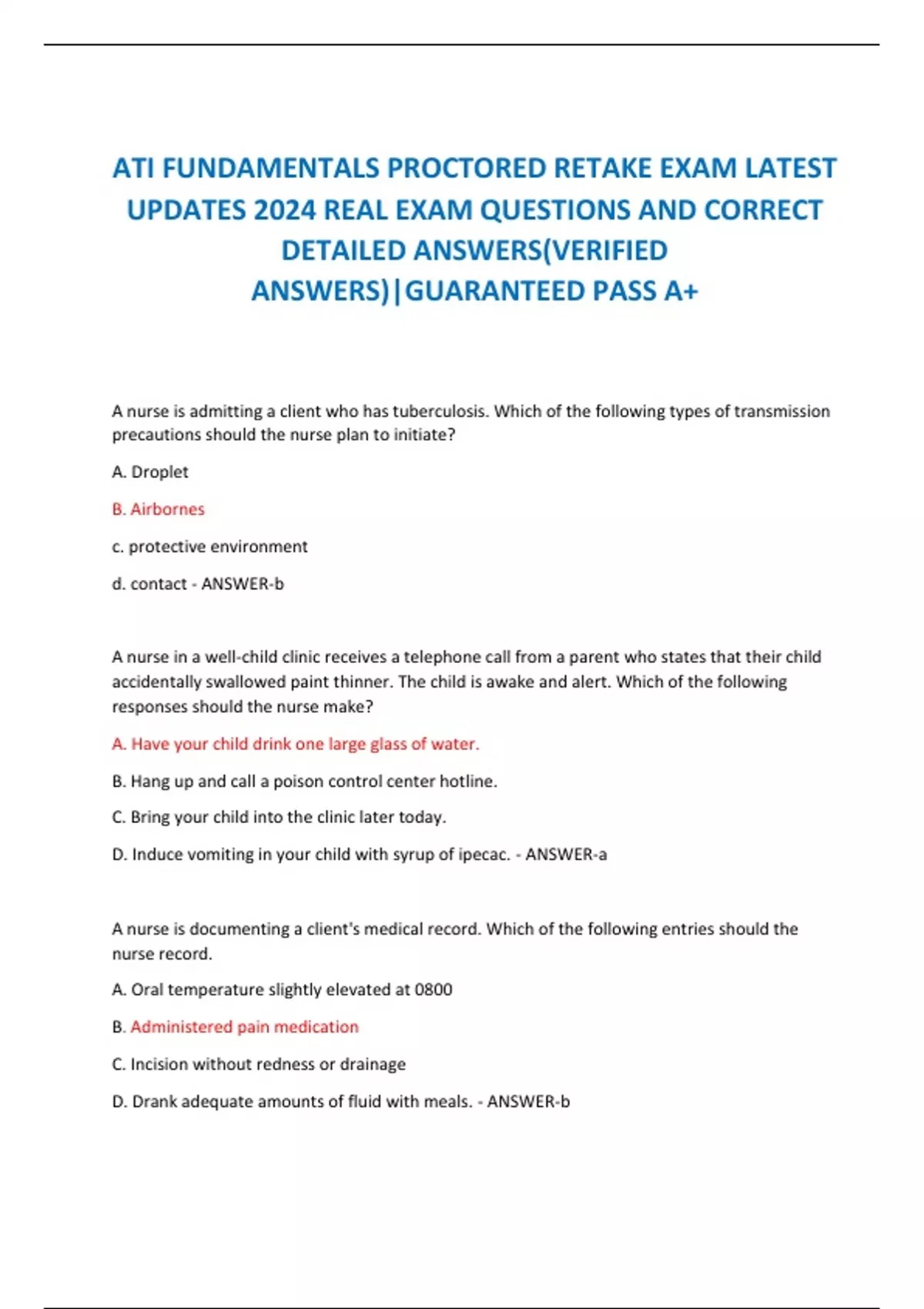 ATI FUNDAMENTALS PROCTORED RETAKE EXAM LATEST UPDATES 2024 REAL EXAM ...