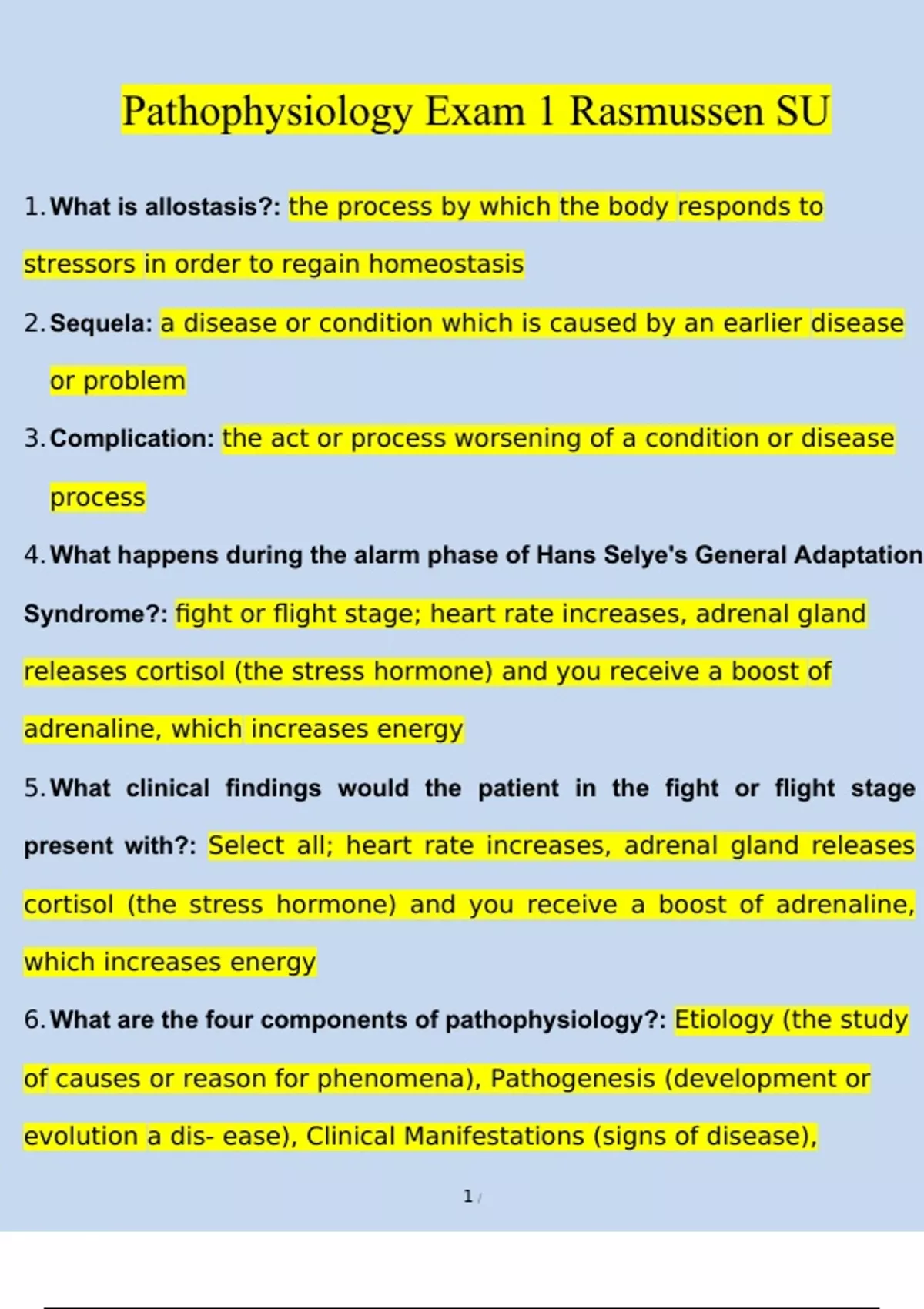 Pathophysiology Exam 1 Rasmussen Questions and Answers (2024/2025 ...