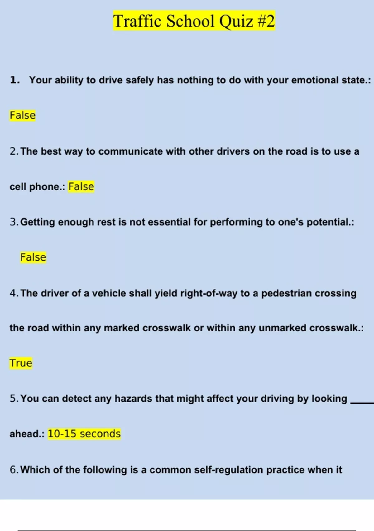 Traffic School Quiz #2 LATEST 2024/2025 ACTUAL QUESTIONS AND ANSWERS ...