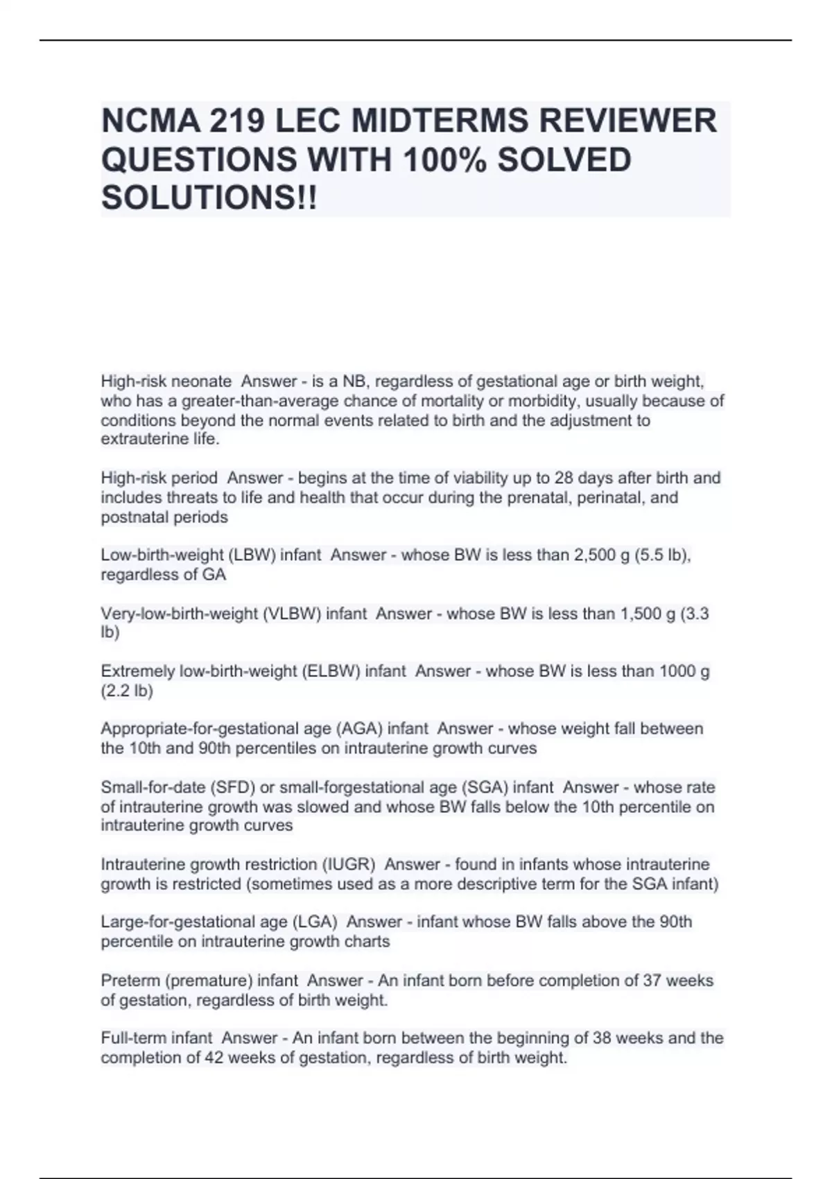 NCMA 219 LEC MIDTERMS REVIEWER QUESTIONS WITH 100% SOLVED SOLUTIONS!! - NCMA 219 - Stuvia US