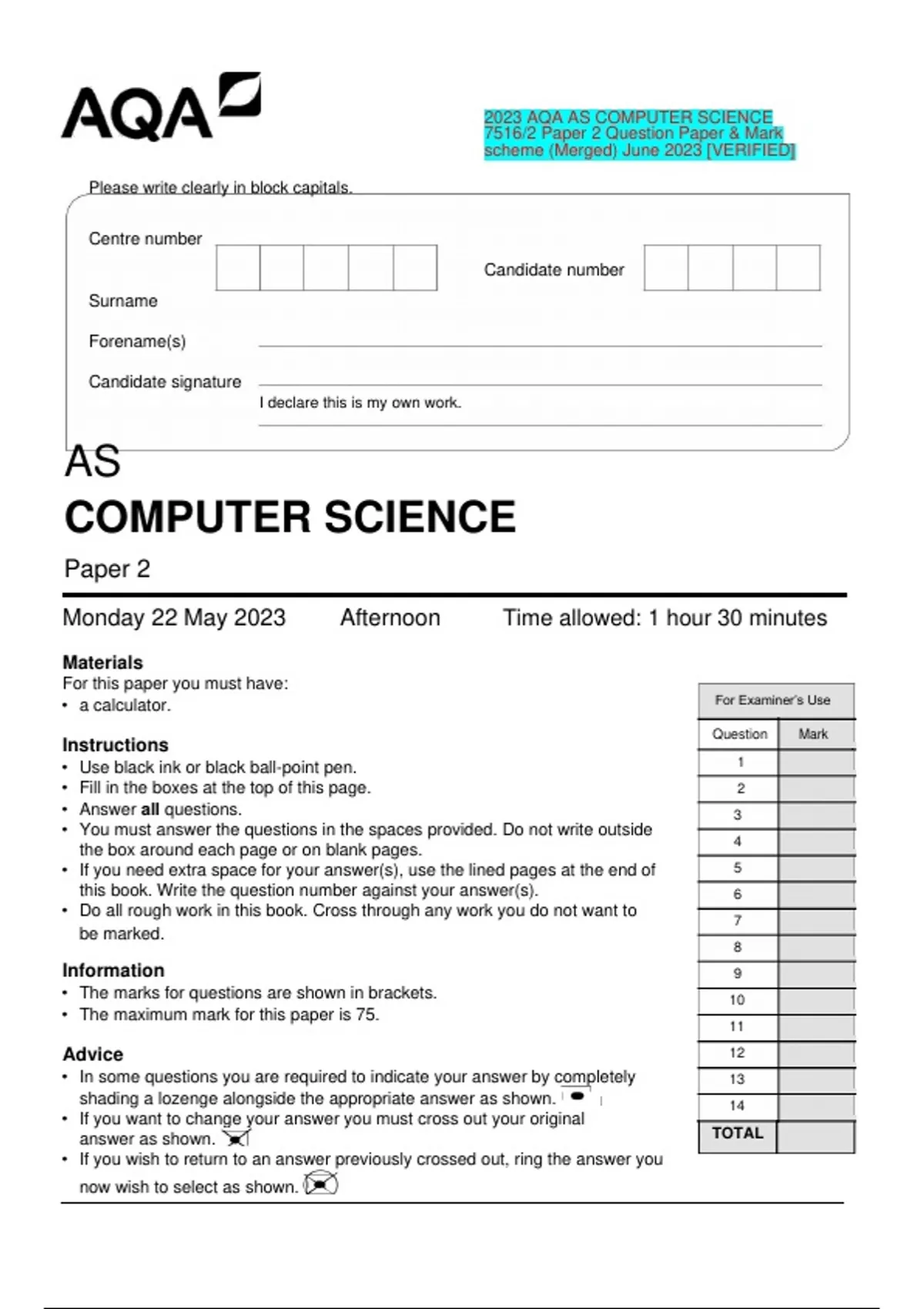 2023 AQA AS COMPUTER SCIENCE 7516/2 Paper 2 Question Paper & Mark scheme (Merged) June 2023 ...