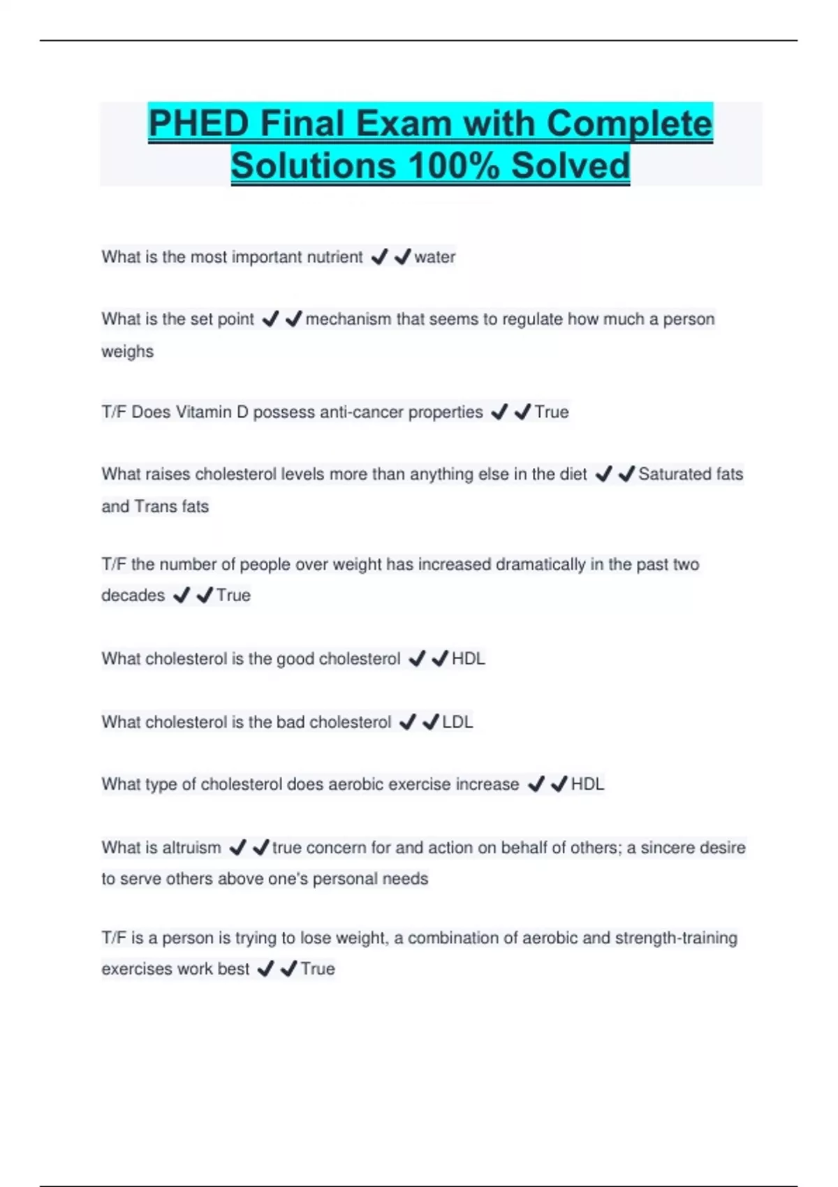 PHED Final Exam with Complete Solutions 100% Solved - PHED - Stuvia US