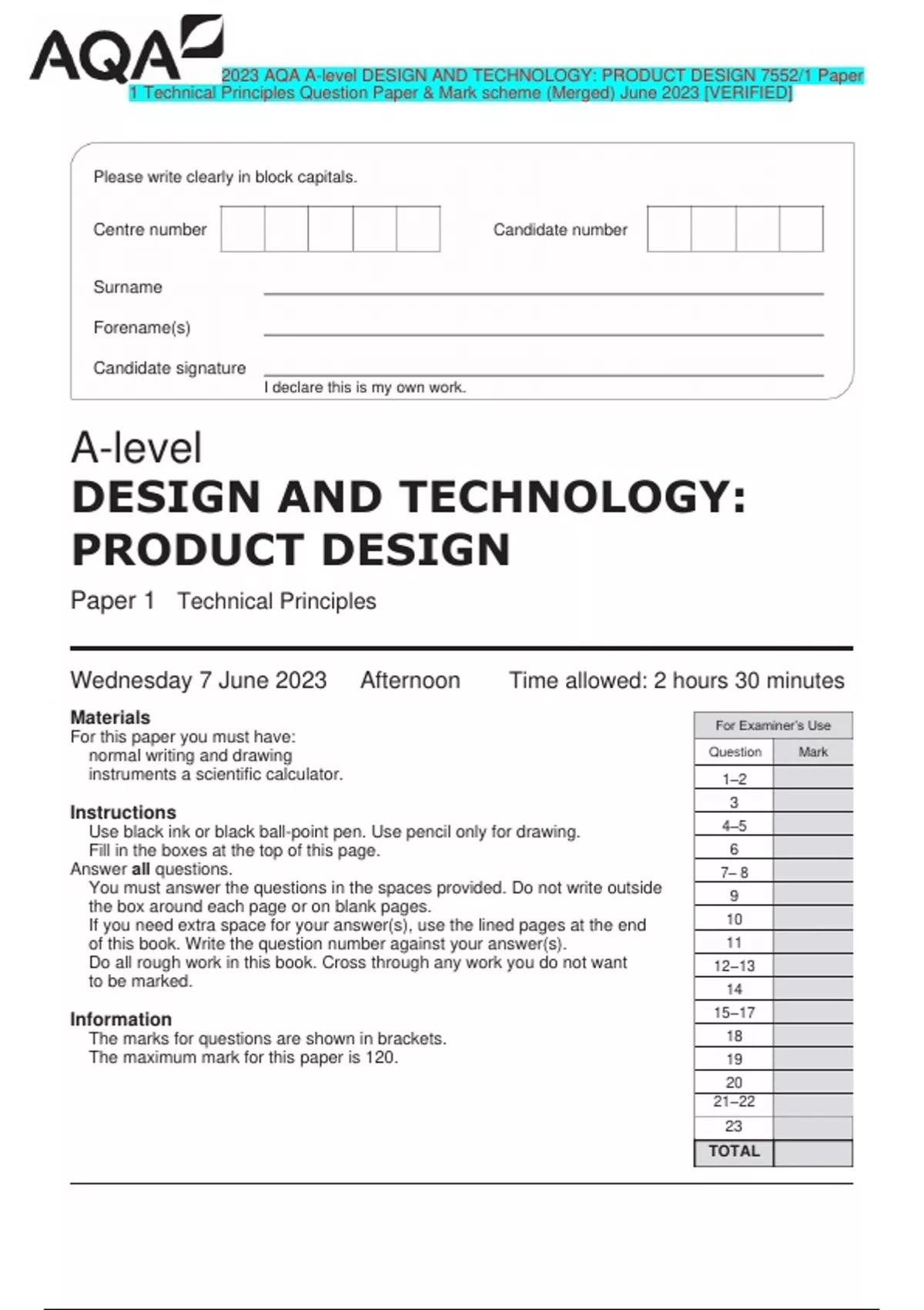 2023 AQA A-level DESIGN AND TECHNOLOGY: PRODUCT DESIGN 7552/1 Paper 1 ...