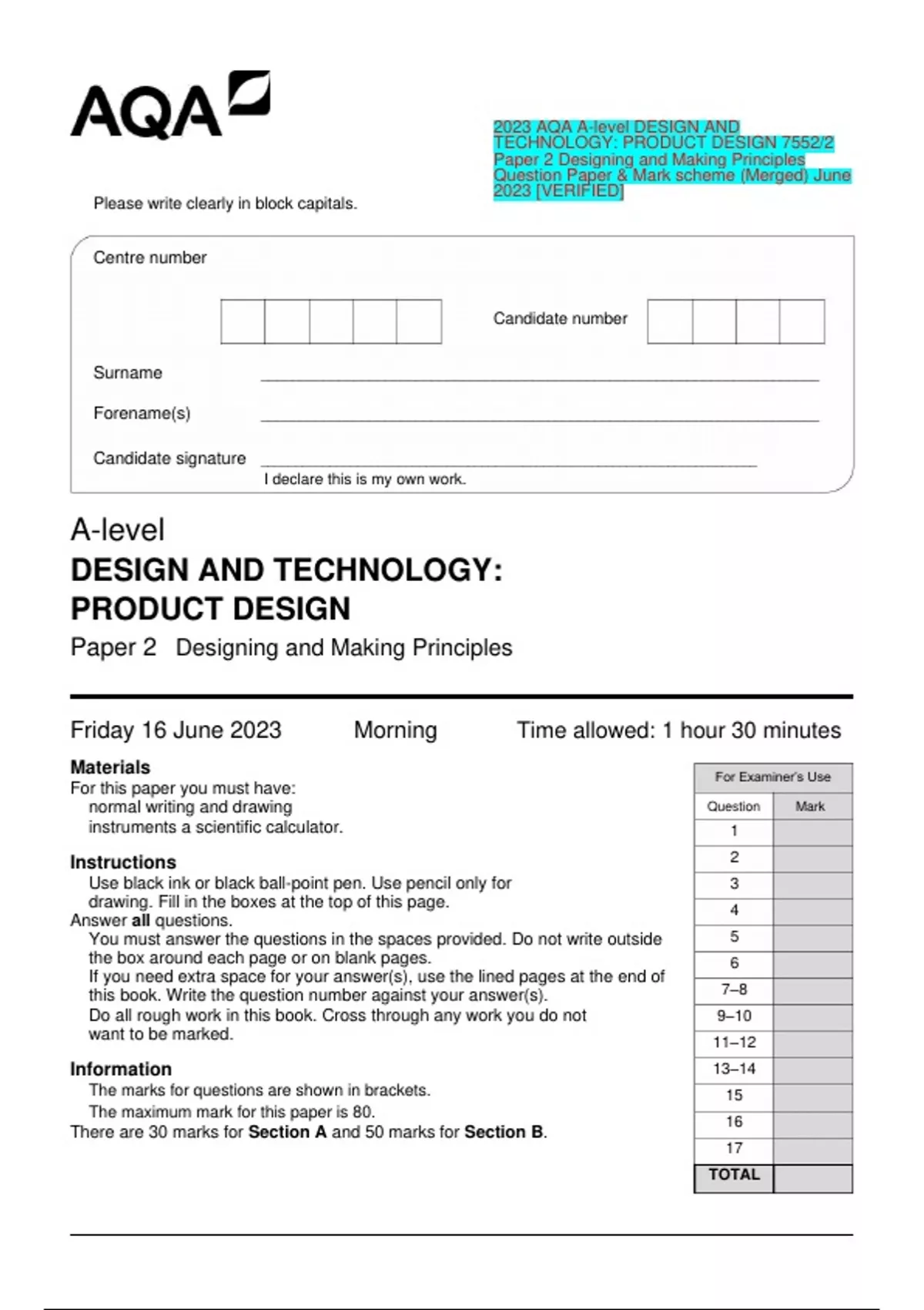 2023 AQA A-level DESIGN AND TECHNOLOGY: PRODUCT DESIGN 7552/2 Paper 2 ...