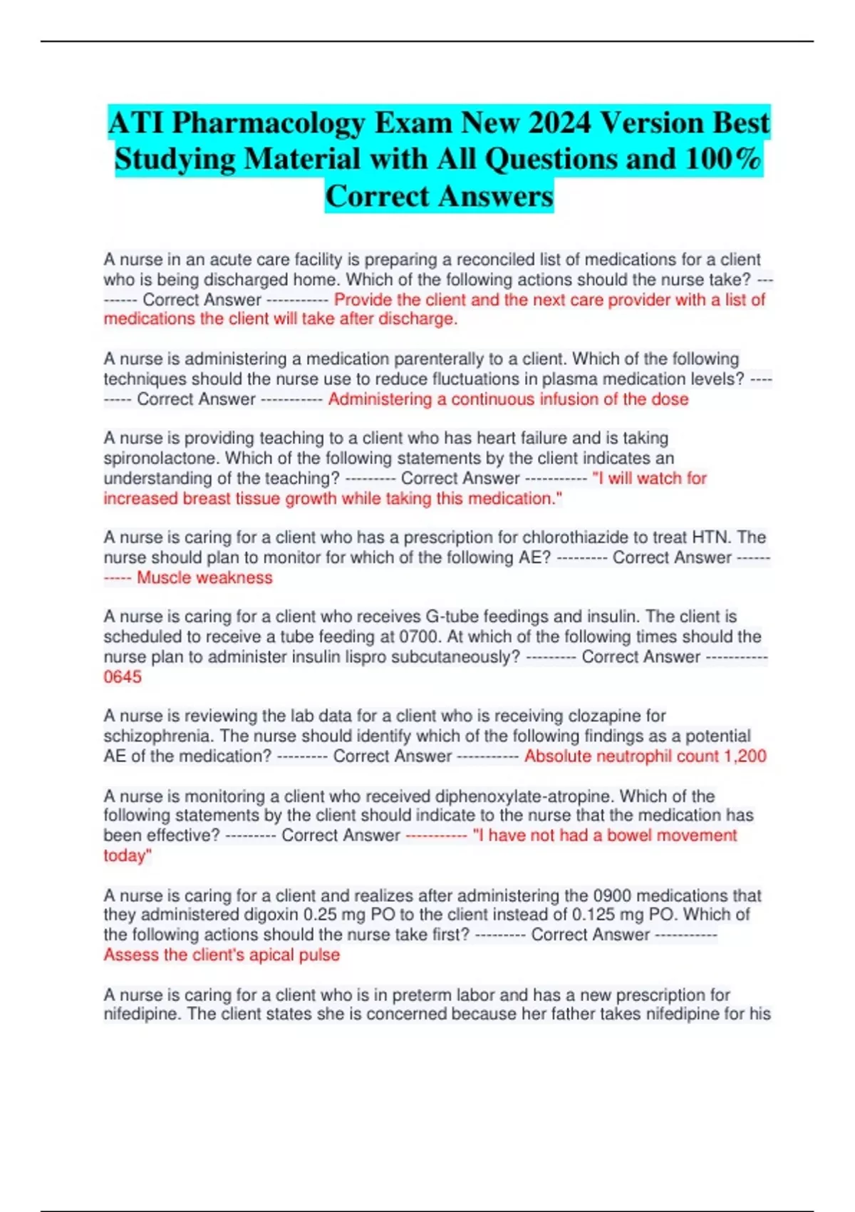 ATI Pharmacology Exam New 2024 Version Best Studying Material with All ...