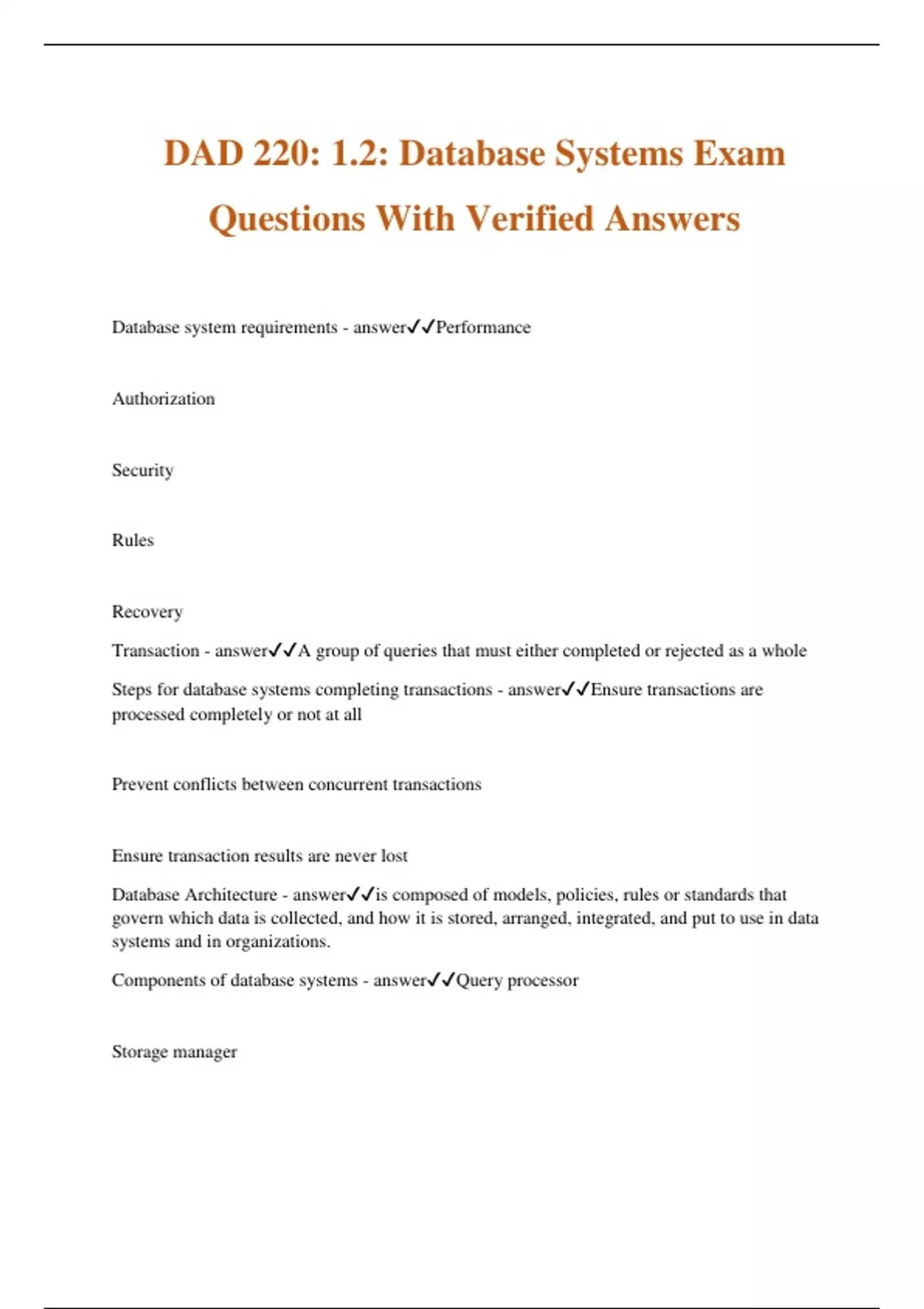 DAD 220: 1.2: Database Systems Exam Questions With Verified Answers - DAD 220 - Stuvia US