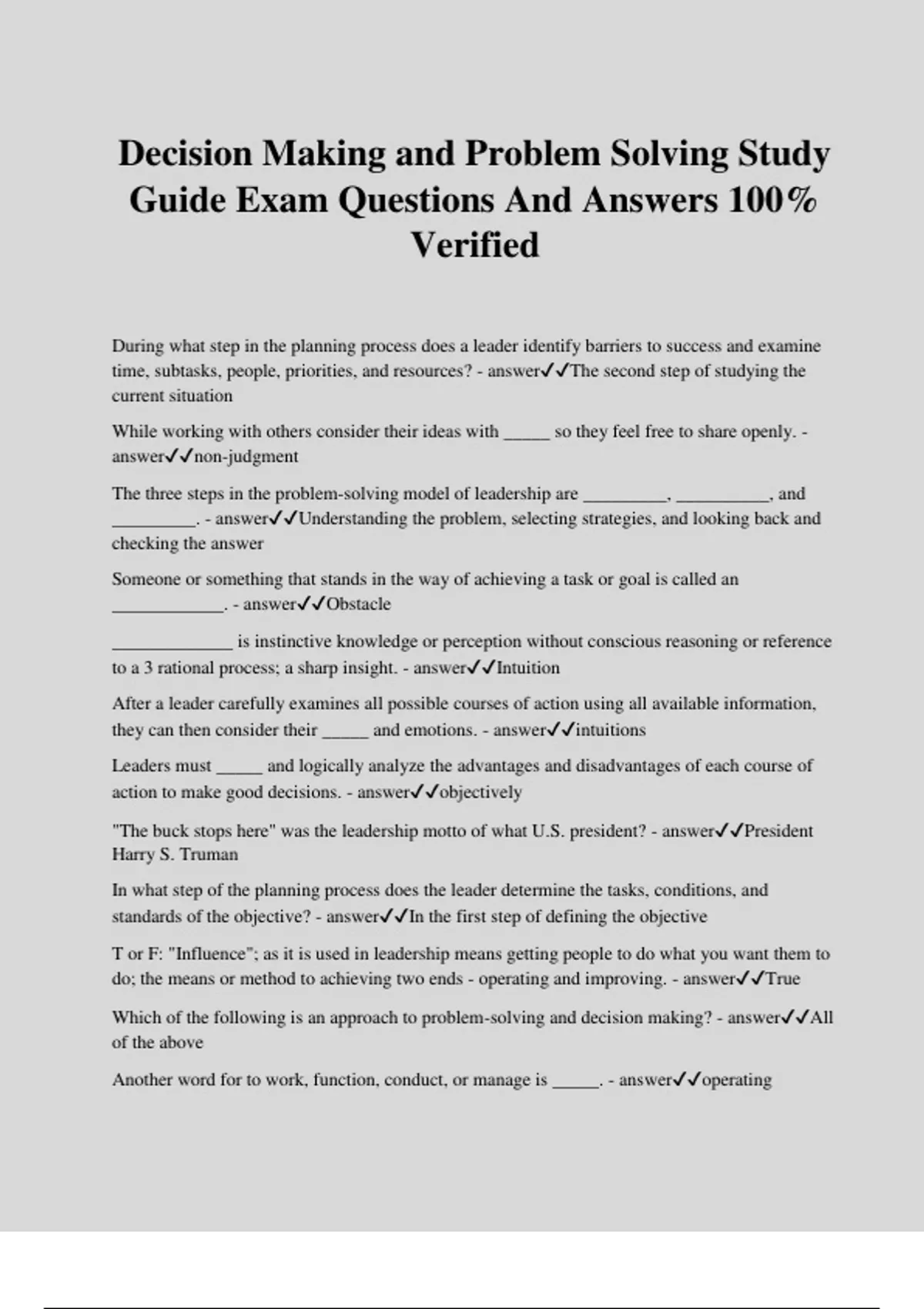 Decision Making and Problem Solving Study Guide Exam Questions And Answers 100% Verified ...