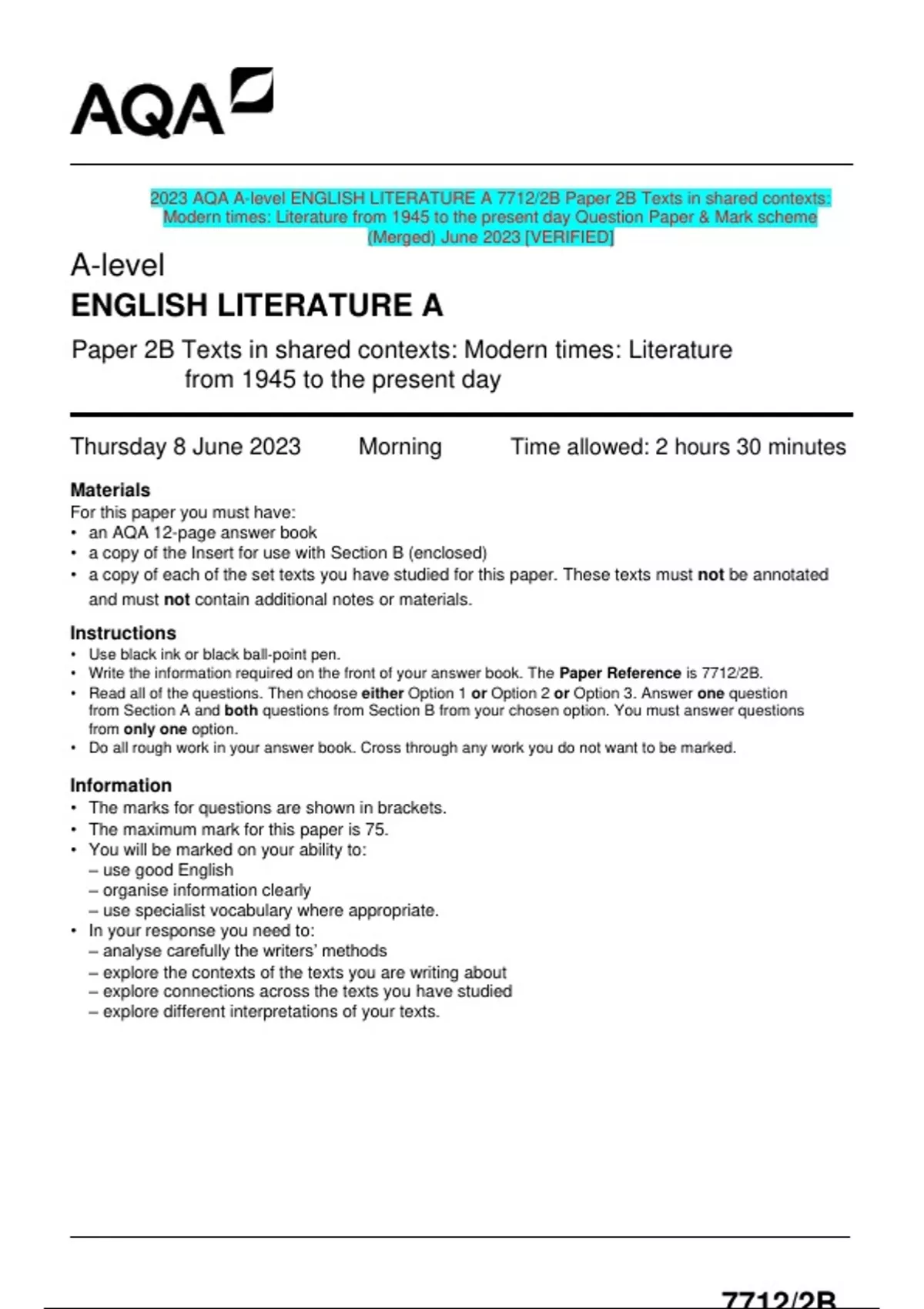 2023 AQA A-level ENGLISH LITERATURE A 7712/2B Paper 2B Texts in shared ...