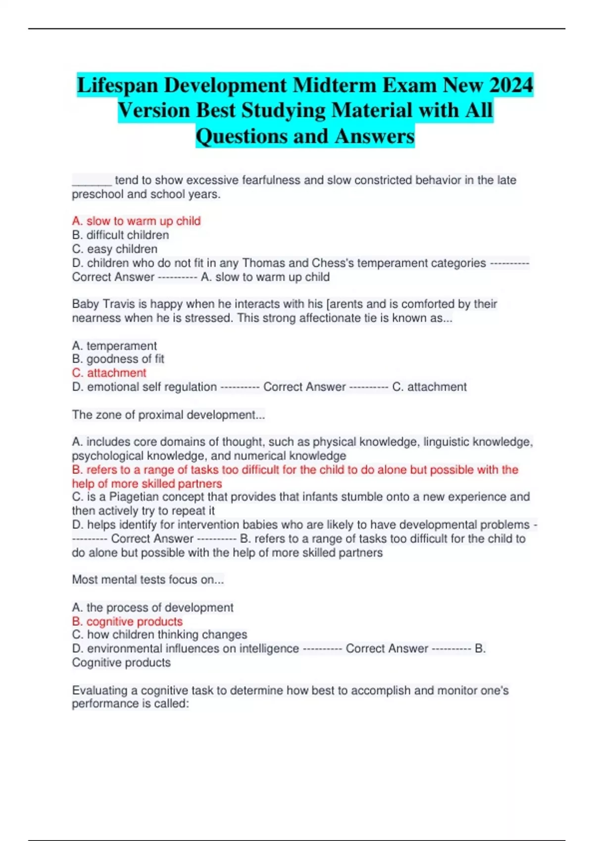 Lifespan Development Midterm Exam New 2024 Version Best Studying ...