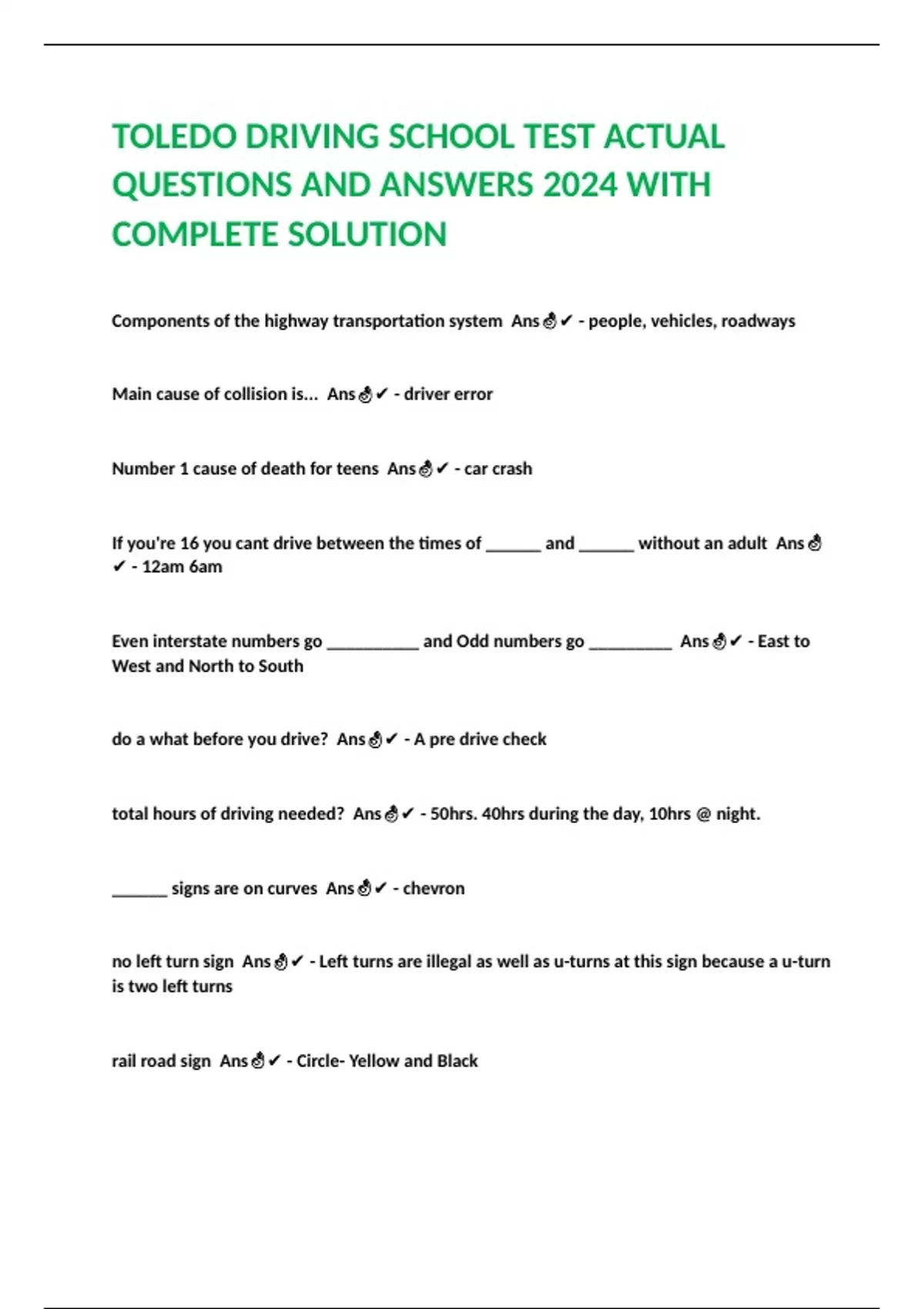 TOLEDO DRIVING SCHOOL TEST ACTUAL QUESTIONS AND ANSWERS 2024 WITH ...