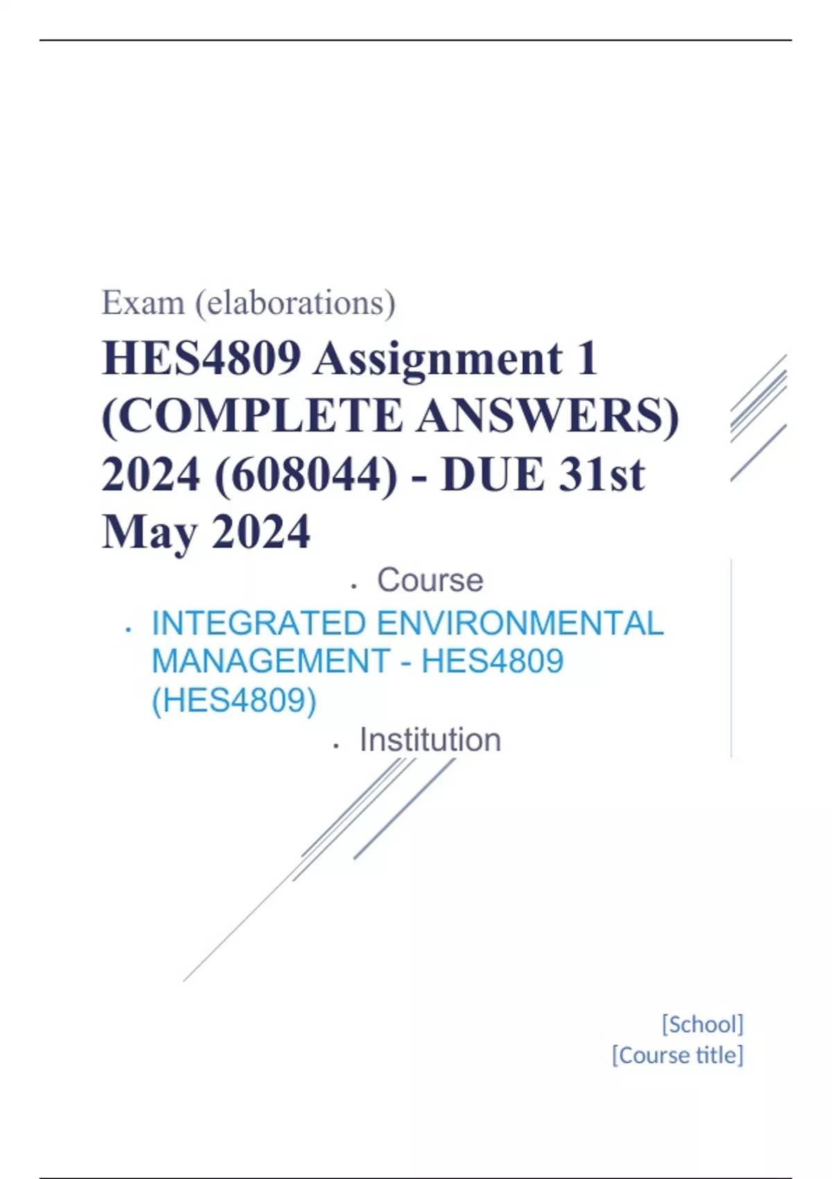 Exam (elaborations) HES4809 Assignment 1 (COMPLETE ANSWERS) 2024 (608044) - DUE 31st May 2024 ...