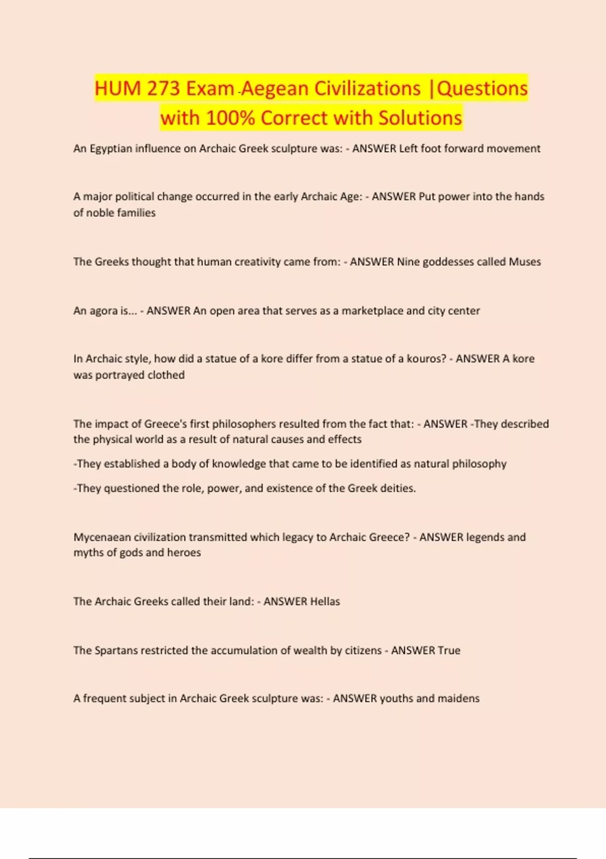 HUM 273 Exam -Aegean Civilizations |Questions with 100% Correct with ...