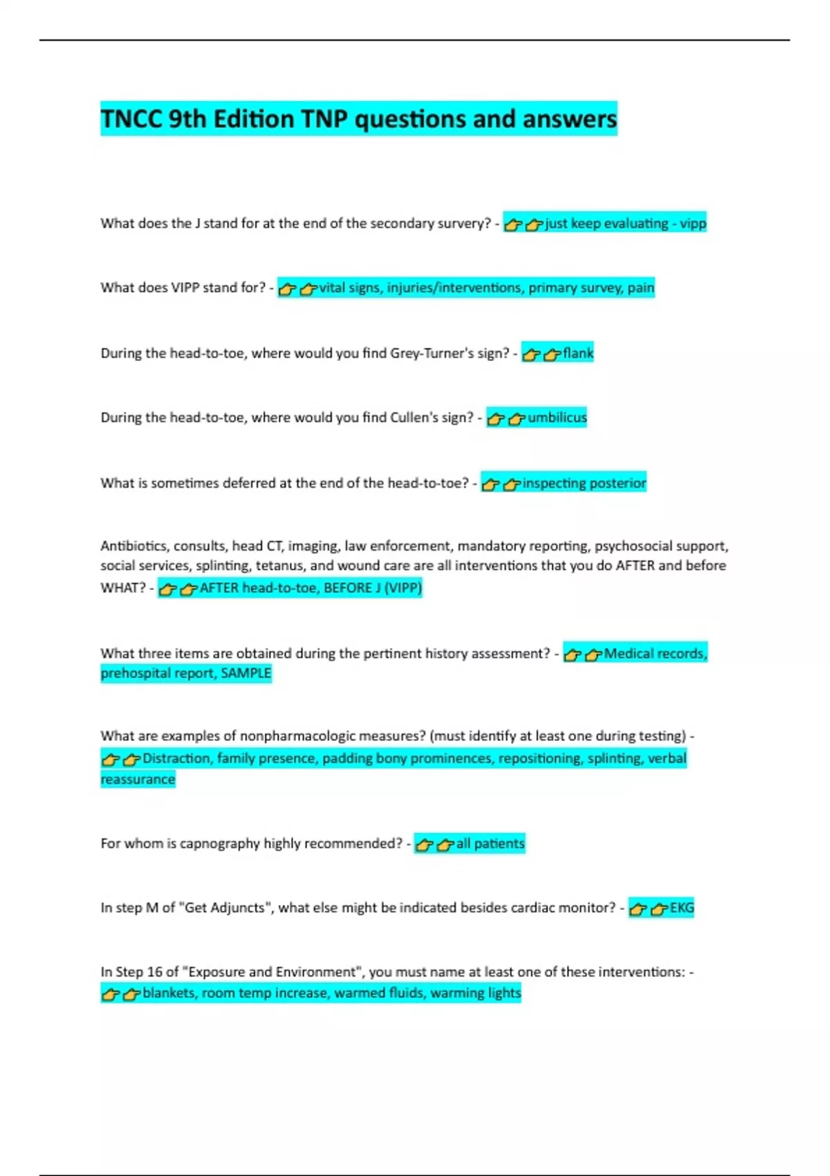 TNCC 9th Edition TNP questions and answers - TNCC 9th Edition - Stuvia US