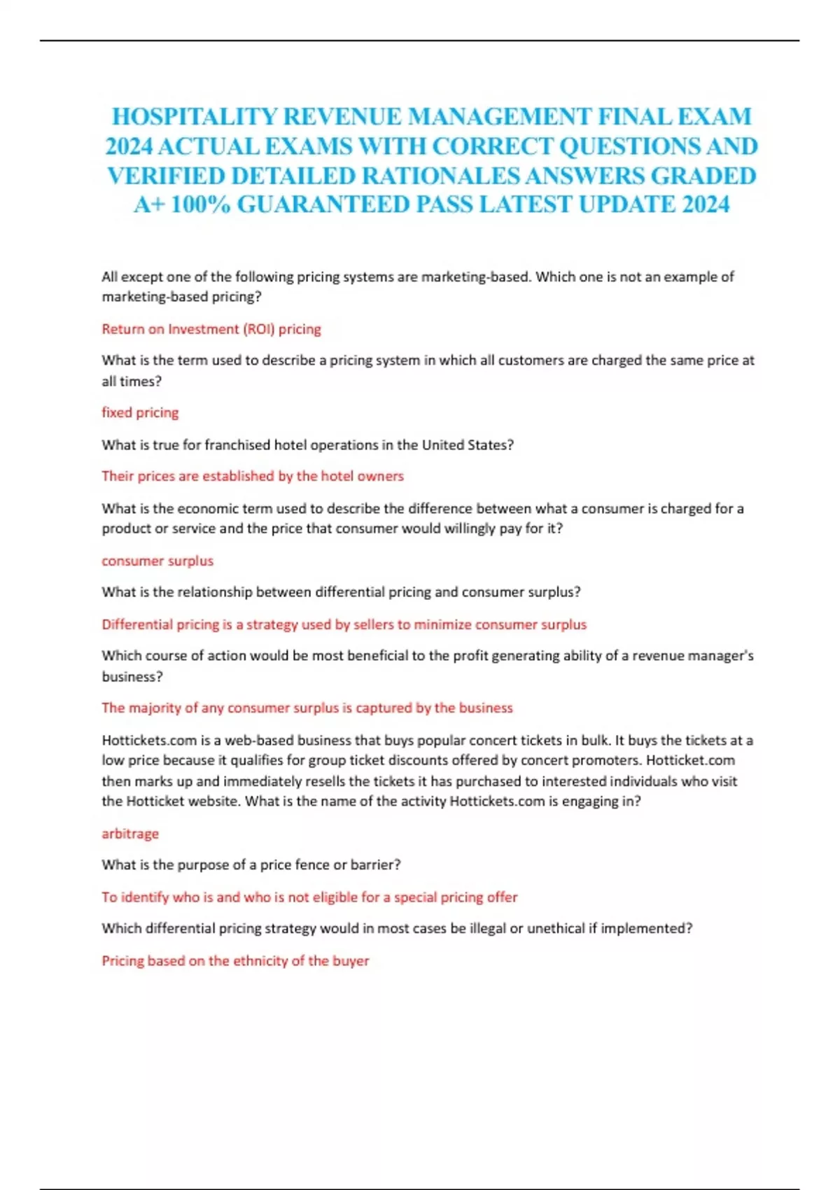 HOSPITALITY REVENUE MANAGEMENT FINAL EXAM 2024 ACTUAL EXAMS WITH CORRECT QUESTIONS AND VERIFIED ...