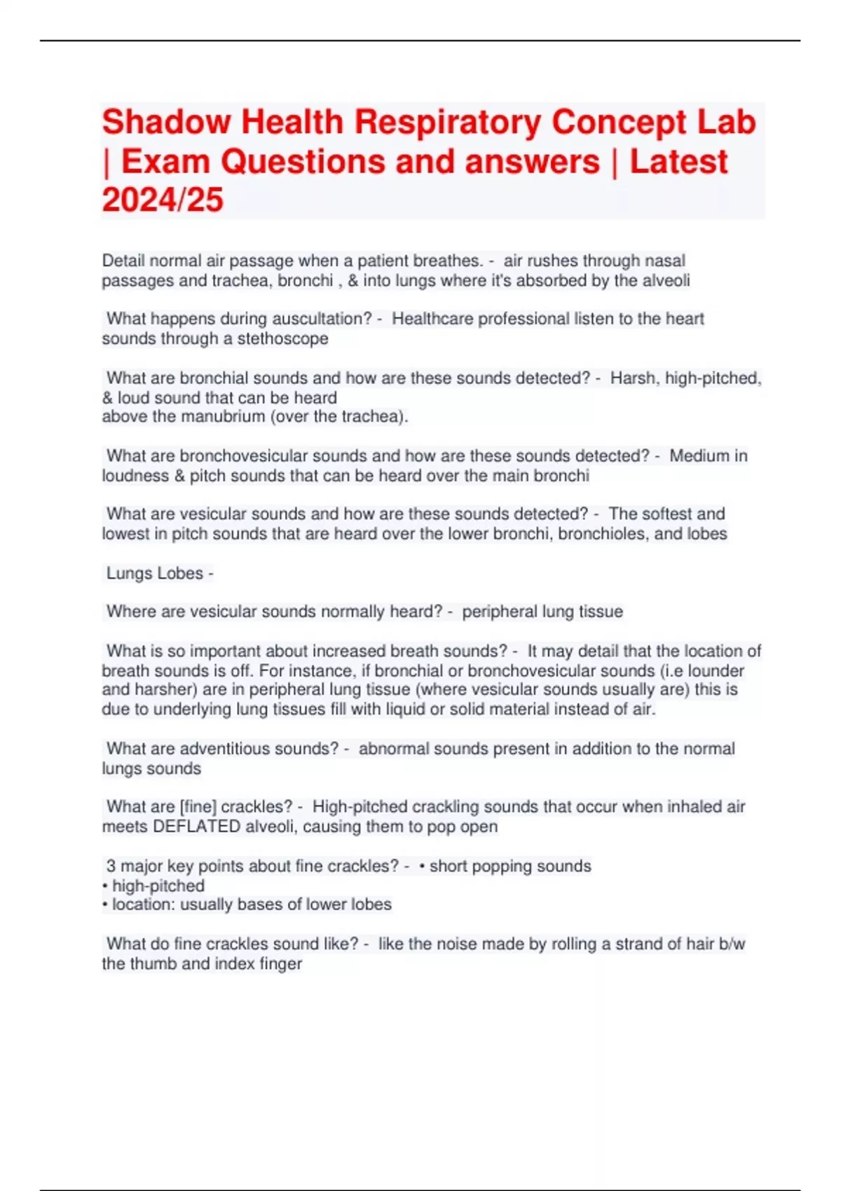 Shadow Health Respiratory Concept Lab | Exam Questions and answers ...