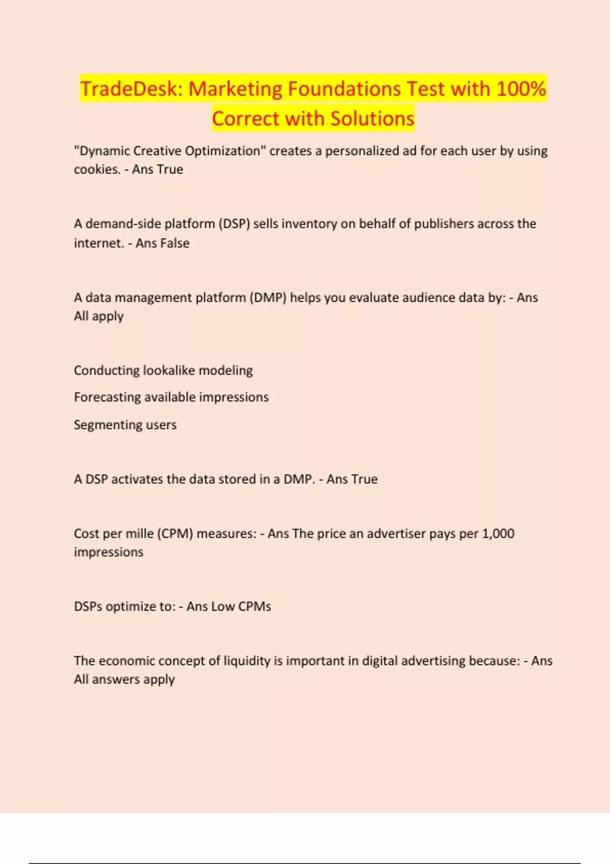 TradeDesk: Marketing Foundations Test with 100% Correct with Solutions ...
