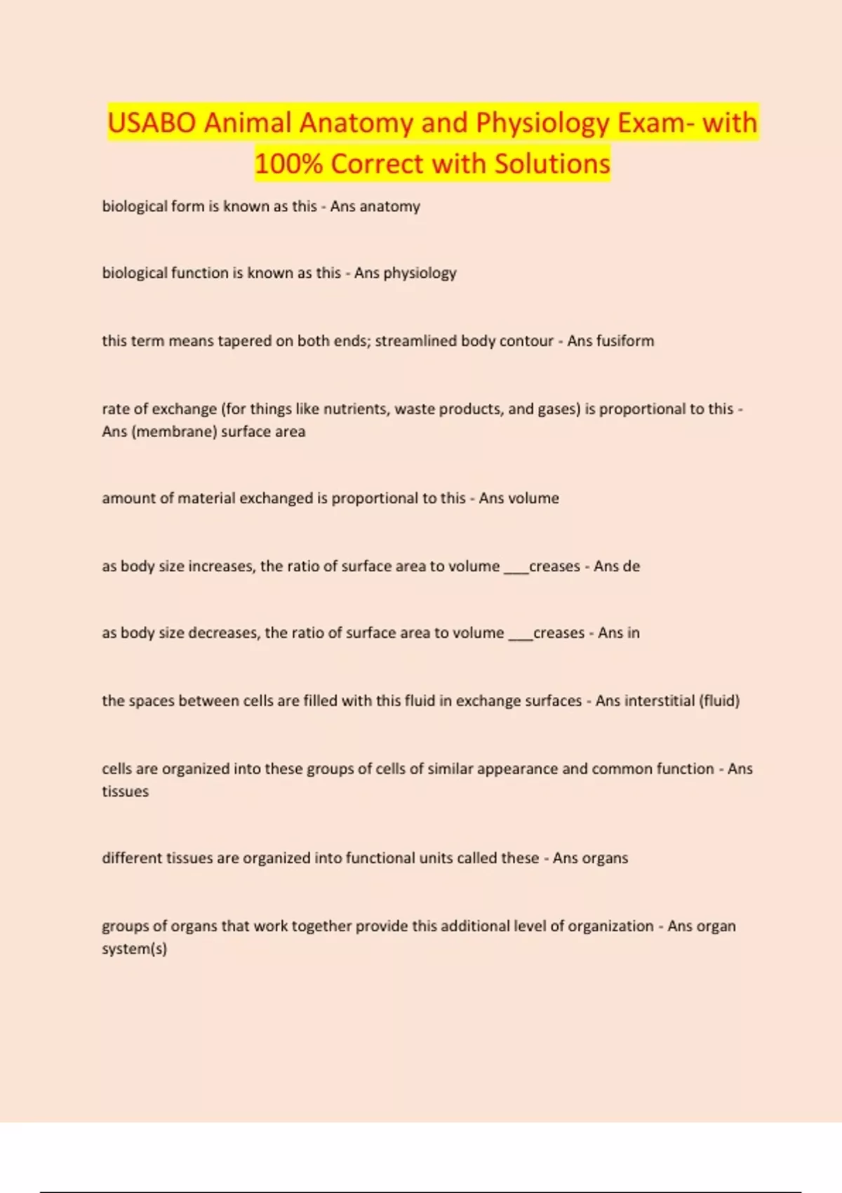 USABO Animal Anatomy and Physiology Exam- with 100% Correct with Solutions - USABO - Stuvia US
