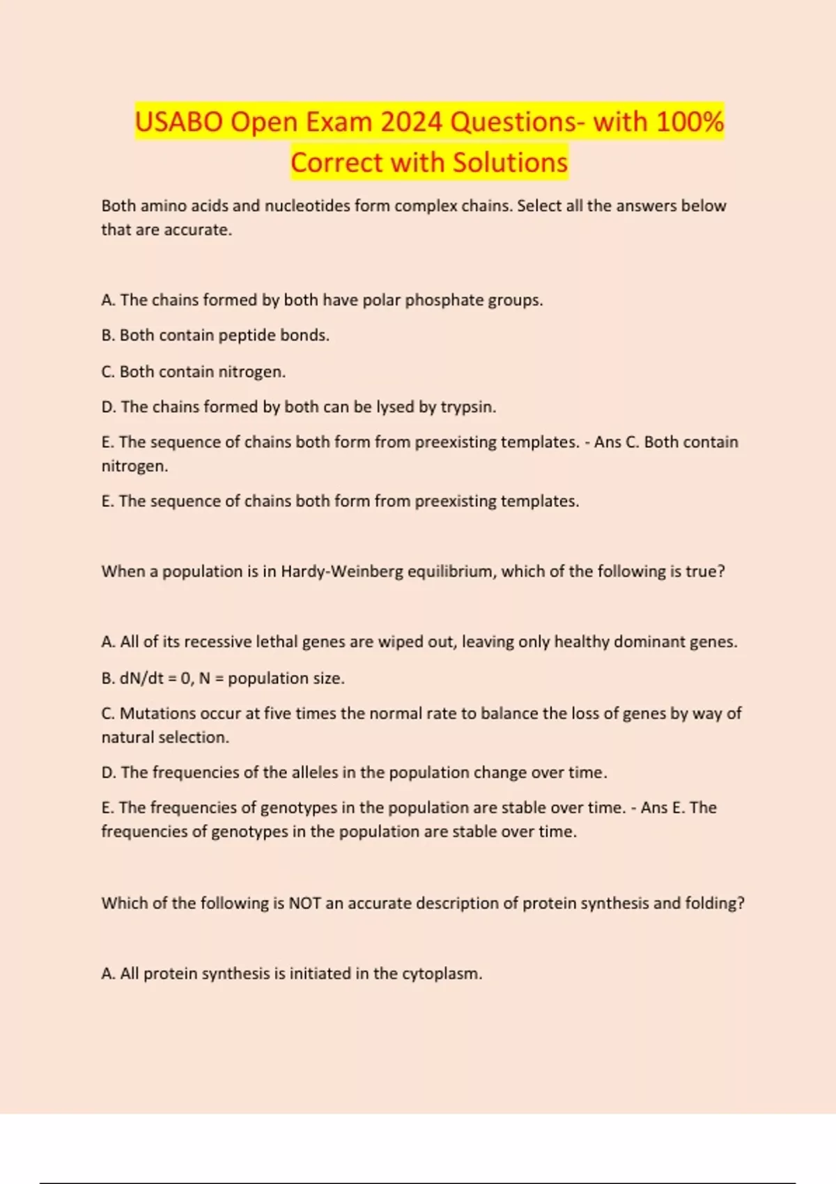 USABO Open Exam 2024 Questions- with 100% Correct with Solutions ...