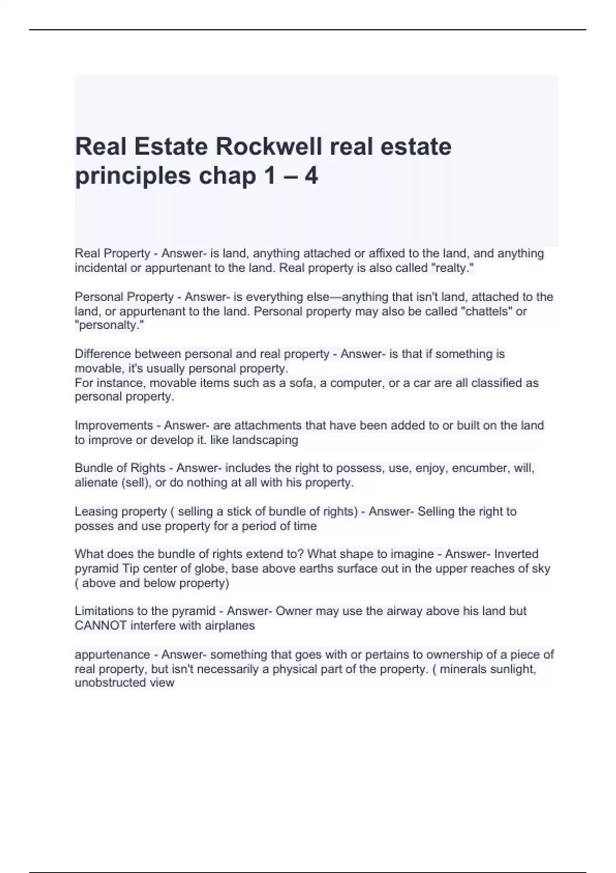 Real Estate Rockwell real estate principles chap 1 – 4 Exam Questions ...