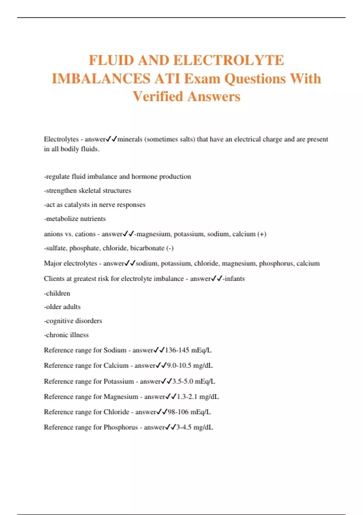 FLUID AND ELECTROLYTE IMBALANCES ATI Exam Questions With Verified ...