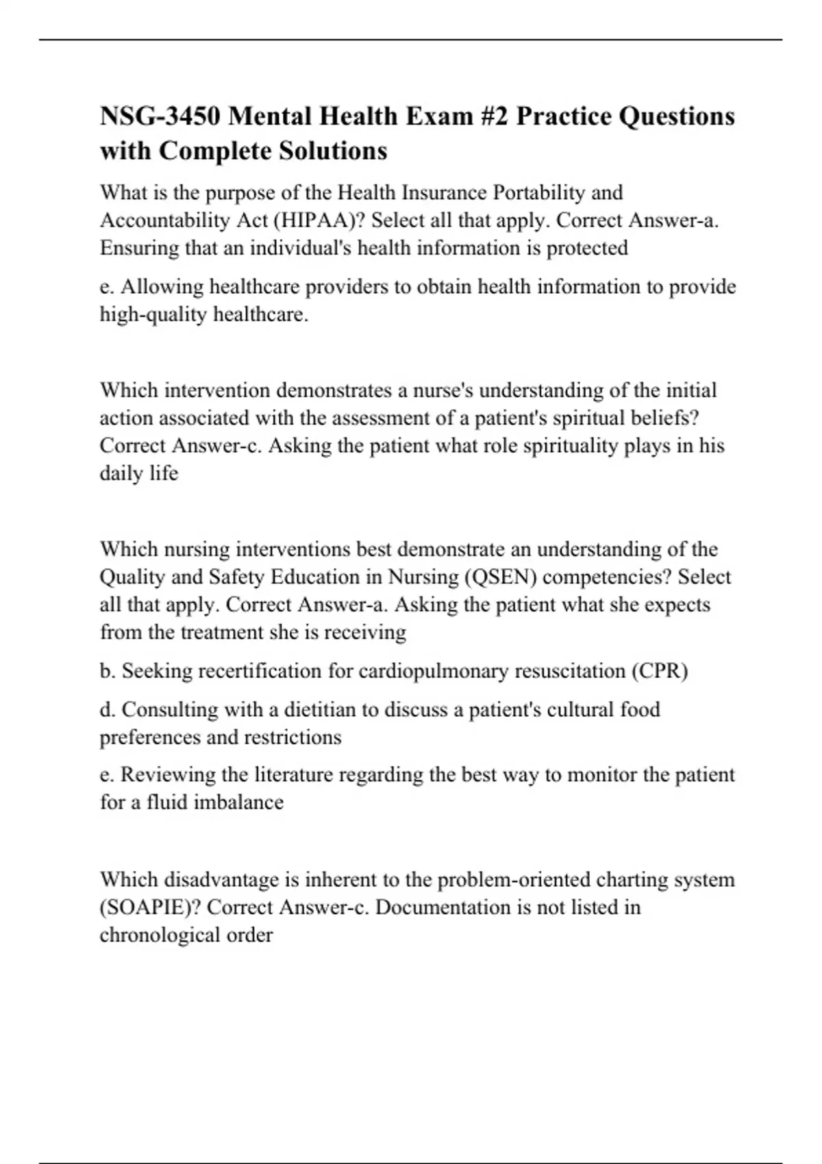 NSG-3450 Mental Health Exam #2 Practice Questions with Complete ...