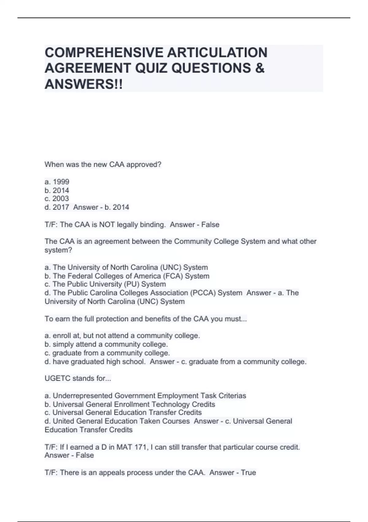 COMPREHENSIVE ARTICULATION AGREEMENT QUIZ QUESTIONS & ANSWERS!! - CAA - Stuvia US