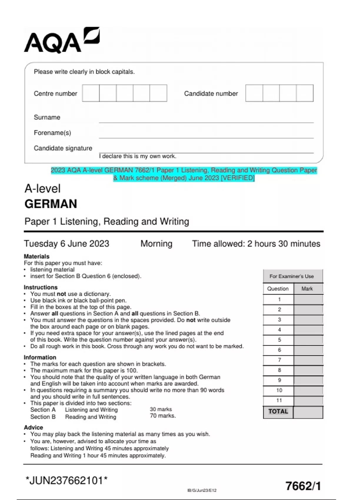 2023 AQA A-level GERMAN 7662/1 Paper 1 Listening, Reading and Writing ...