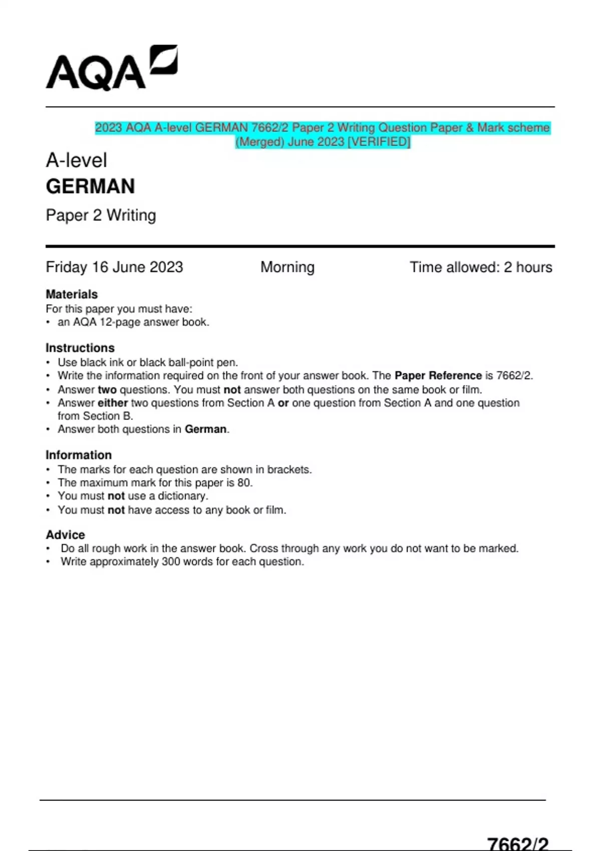 2023 AQA A-level GERMAN 7662/2 Paper 2 Writing Question Paper & Mark ...