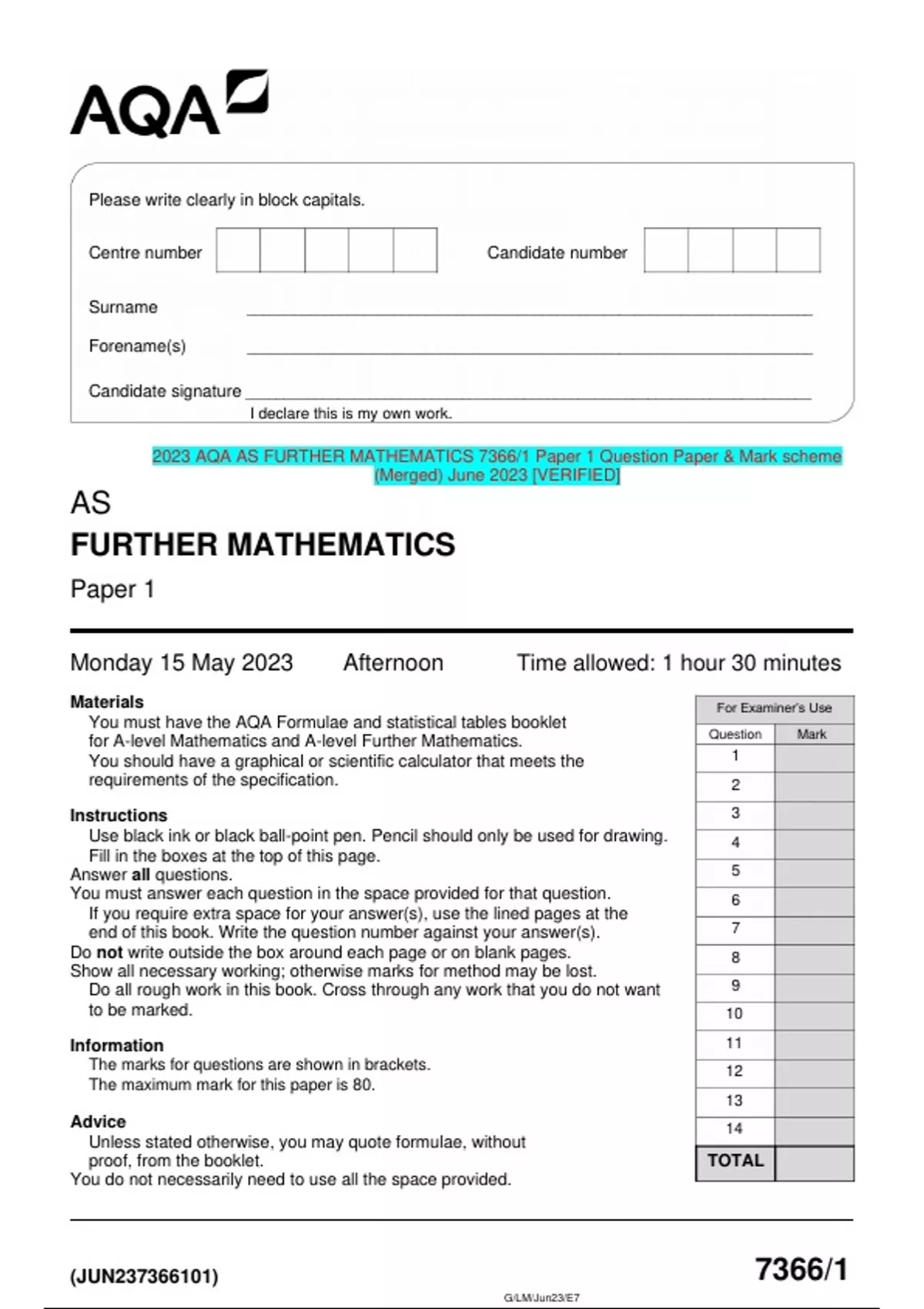 2023 AQA AS FURTHER MATHEMATICS 7366/1 Paper 1 Question Paper & Mark ...