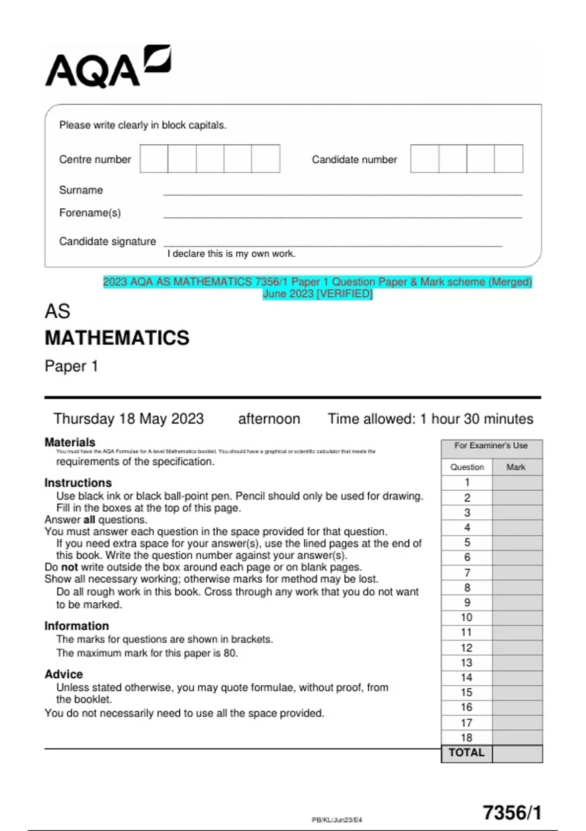 2023 AQA AS MATHEMATICS 7356/1 Paper 1 Question Paper & Mark scheme ...