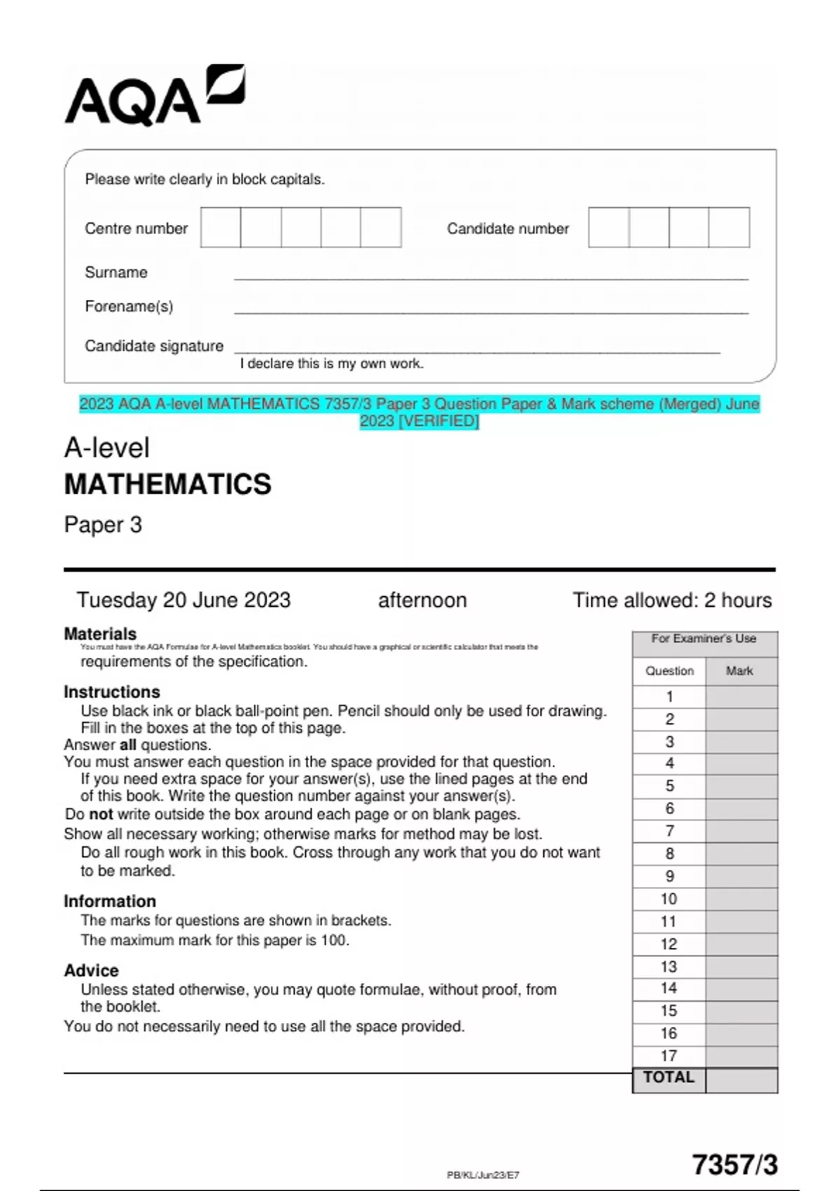 2023 AQA A-level MATHEMATICS 7357/3 Paper 3 Question Paper & Mark ...