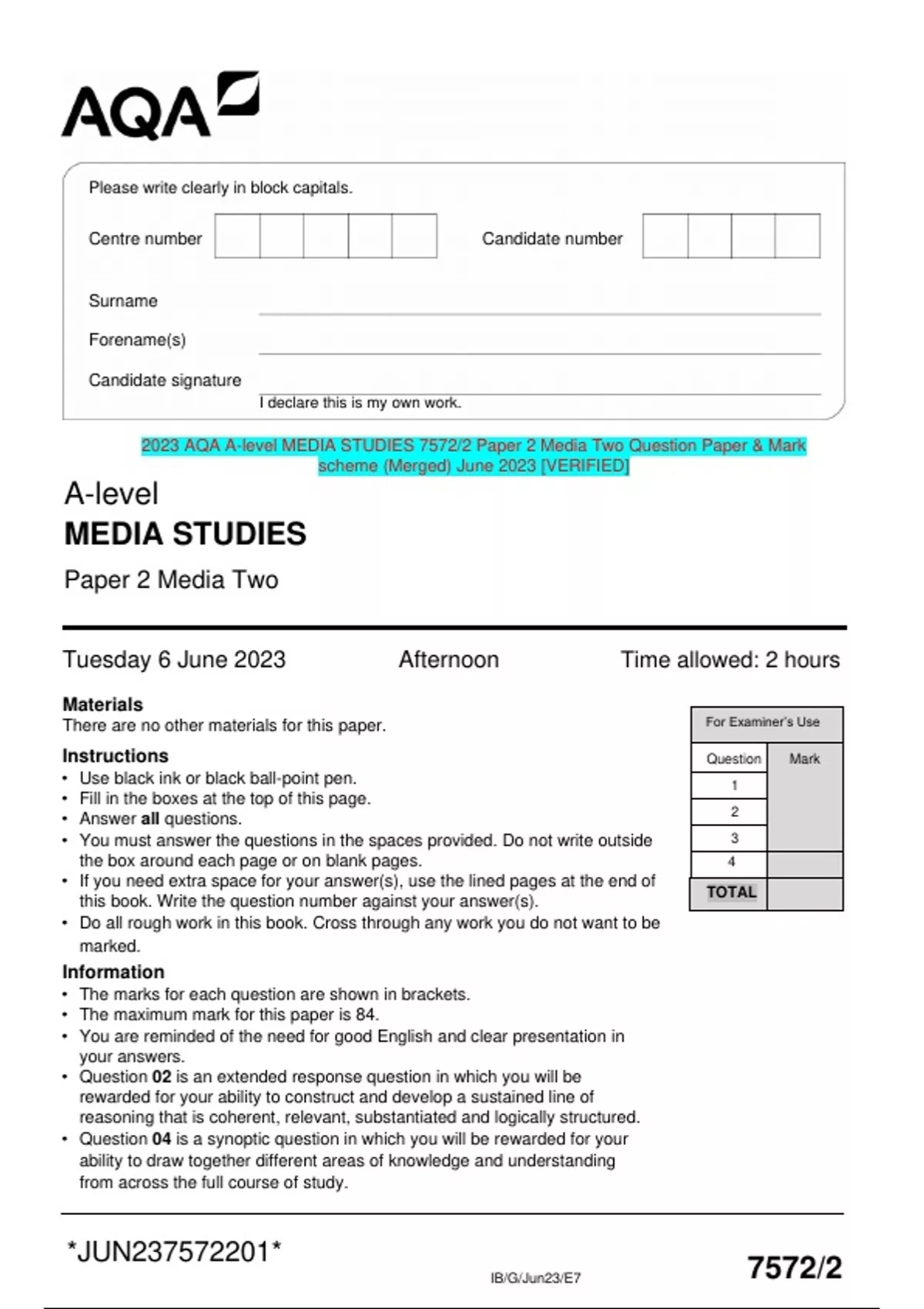 2023 AQA A-level MEDIA STUDIES 7572/2 Paper 2 Media Two Question Paper ...