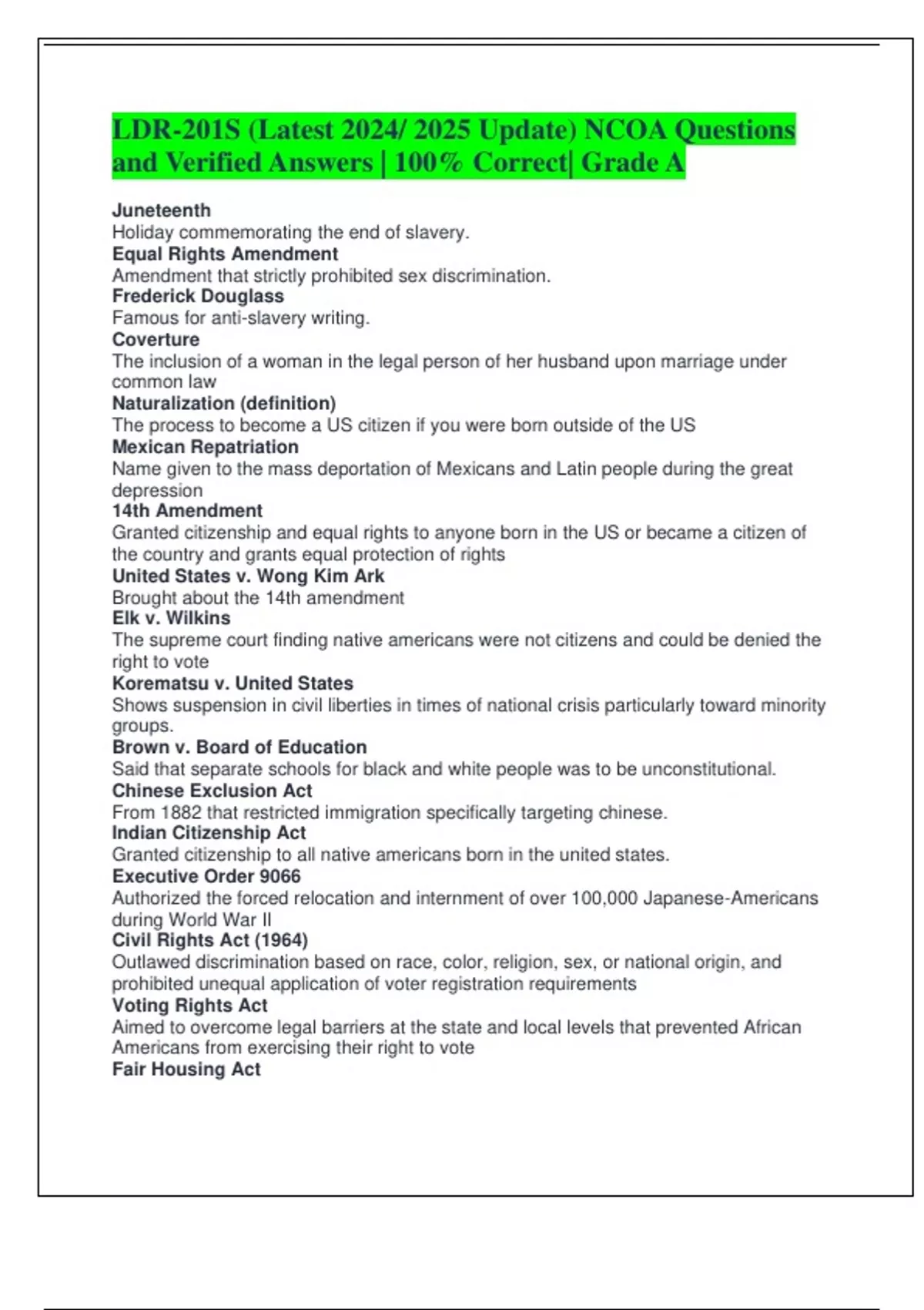 LDR-201S (Latest 2024/ 2025 Update) NCOA Questions and Verified Answers ...