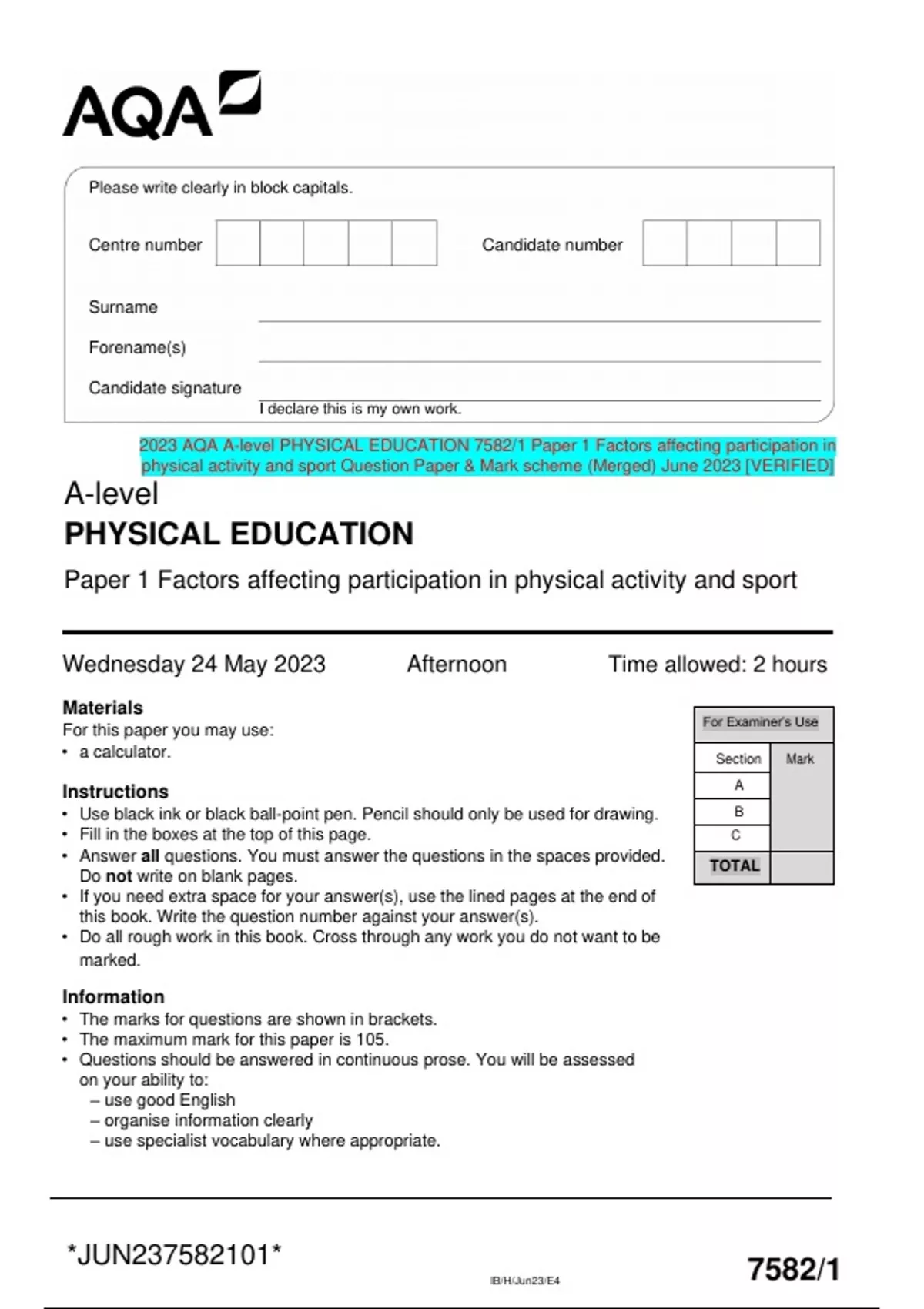 2023 AQA A-level PHYSICAL EDUCATION 7582/1 Paper 1 Factors affecting ...