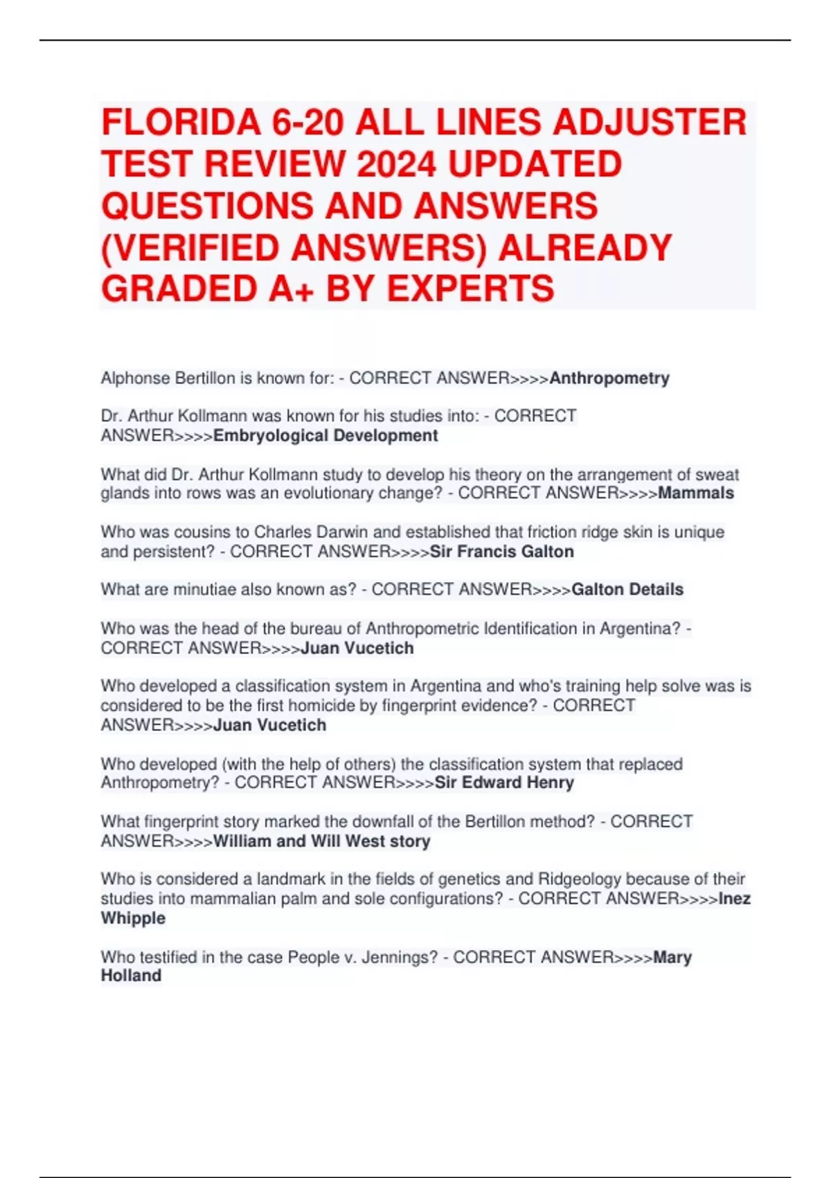 FLORIDA 6-20 ALL LINES ADJUSTER TEST REVIEW 2024 UPDATED QUESTIONS AND ...