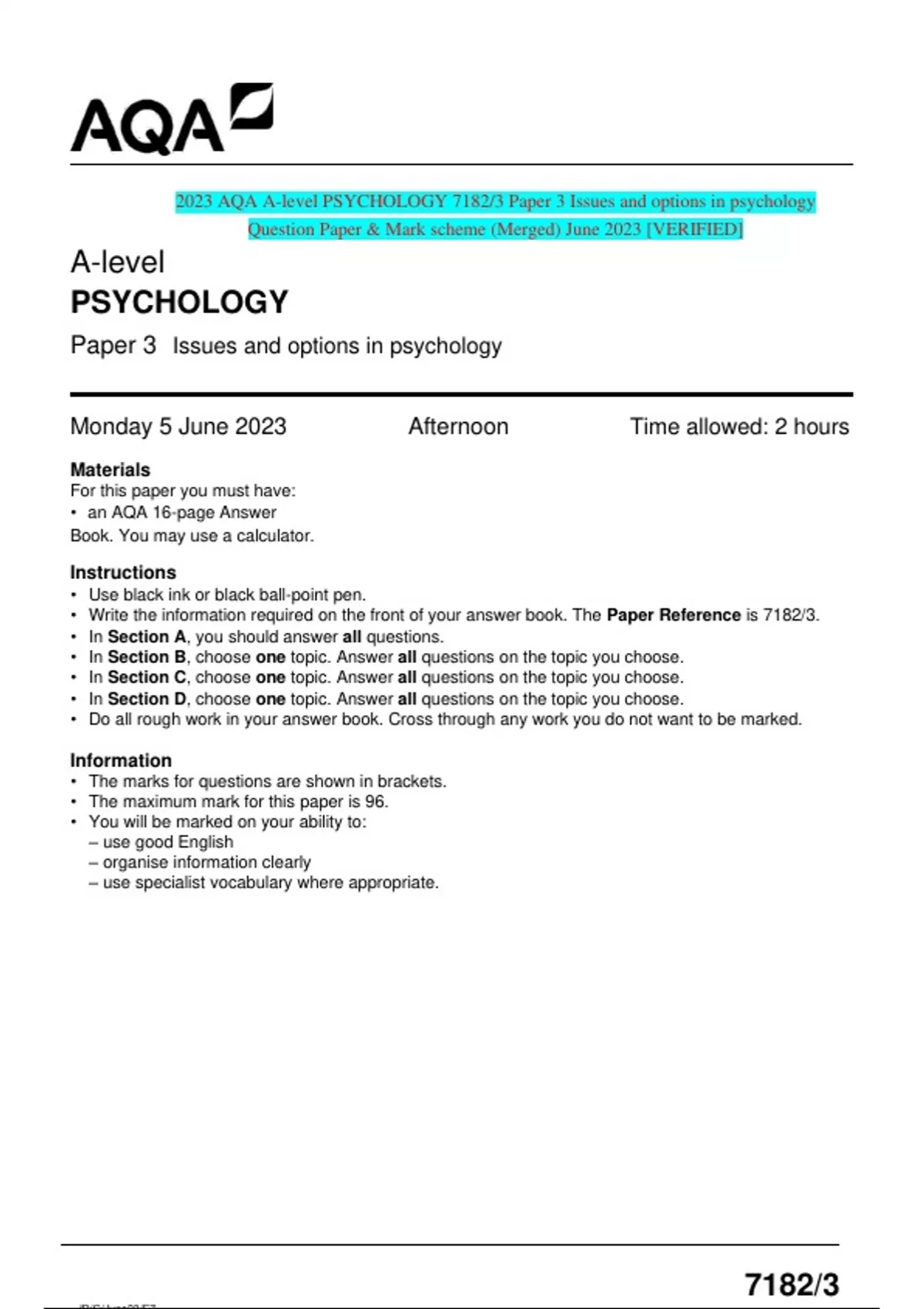 2023 AQA A-level PSYCHOLOGY 7182/3 Paper 3 Issues and options in ...