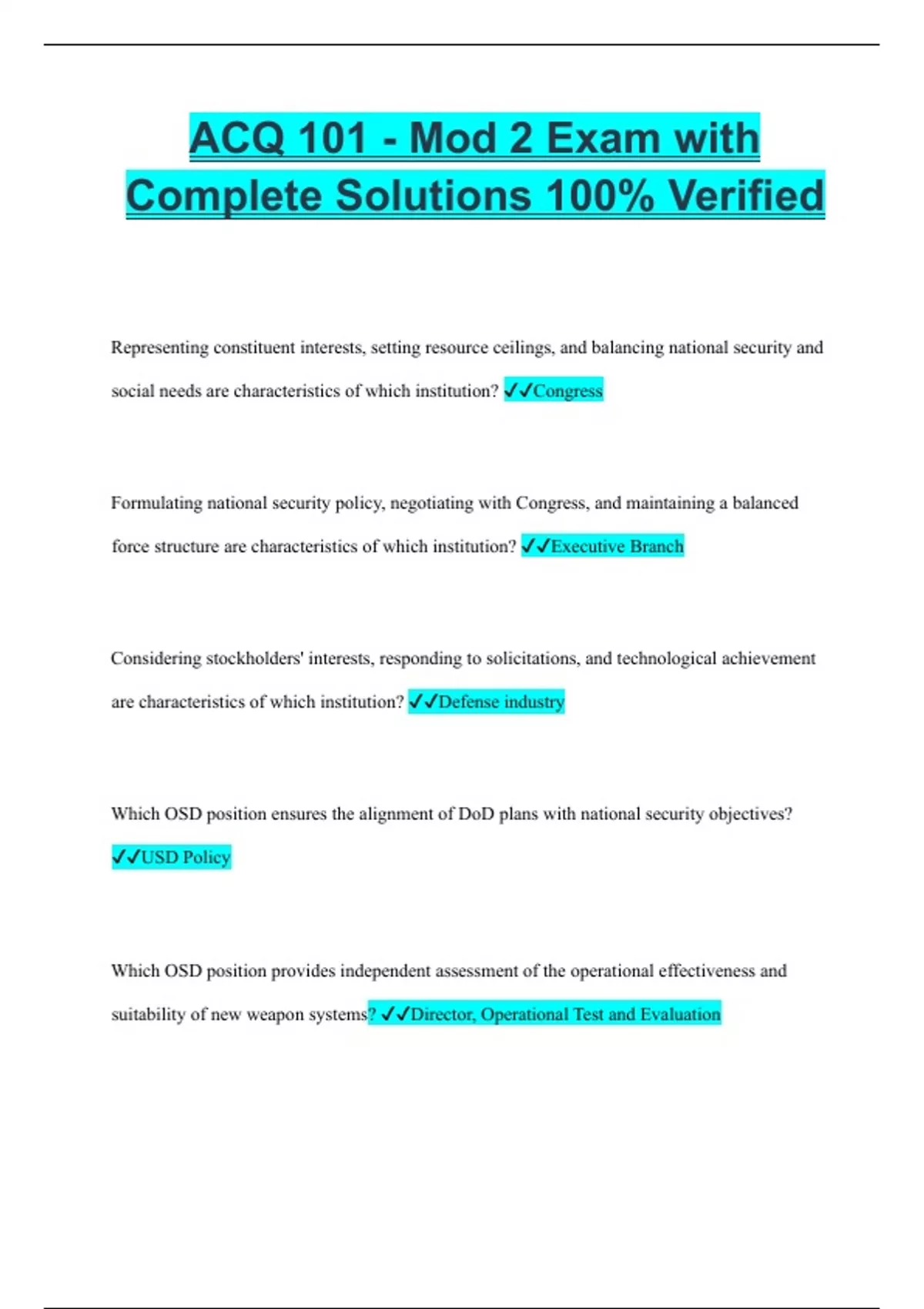 ACQ 101 - Mod 2 Exam with Complete Solutions 100% Verified - ACQ 101 - Stuvia US