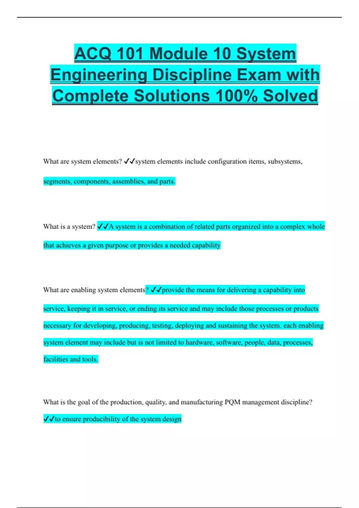 ACQ 101 Module 10 System Engineering Discipline Exam with Complete Solutions 100% Solved - ACQ ...