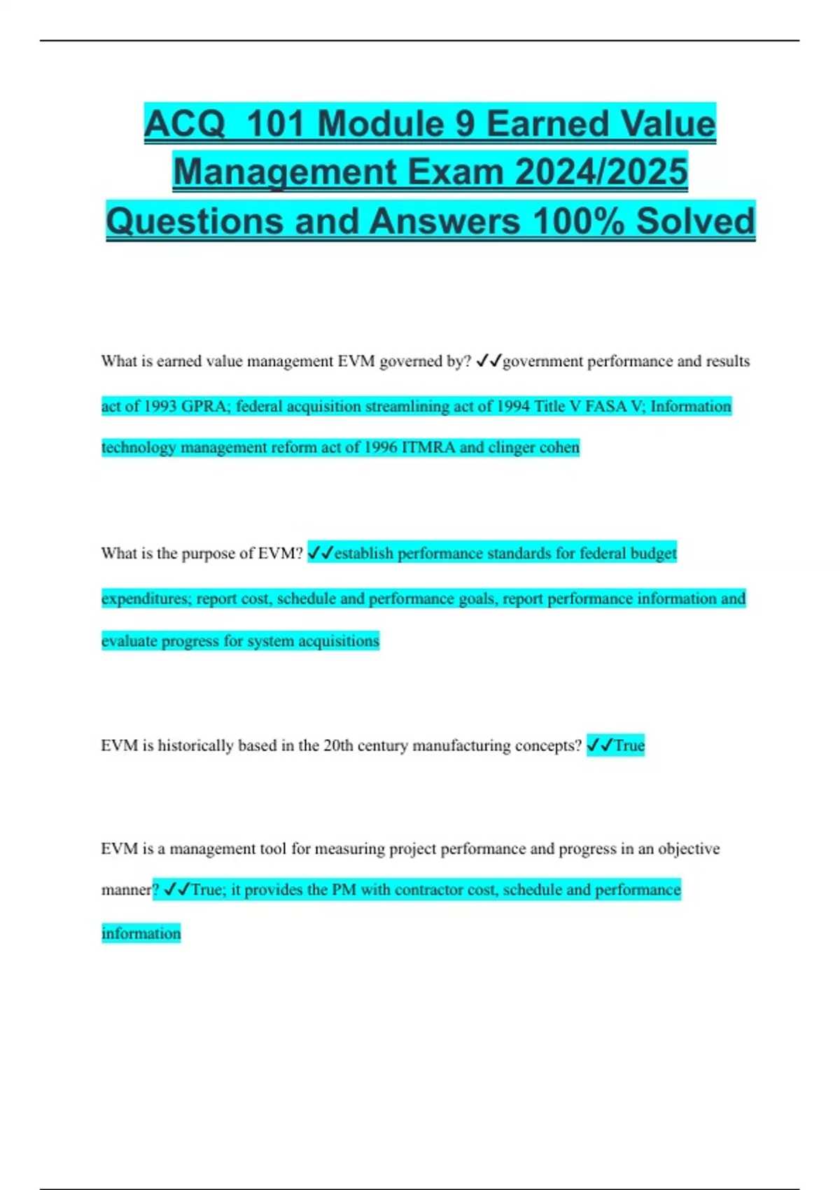 ACQ 101 Module 9 Earned Value Management Exam 2024/2025 Questions and Answers 100% Solved - ACQ ...