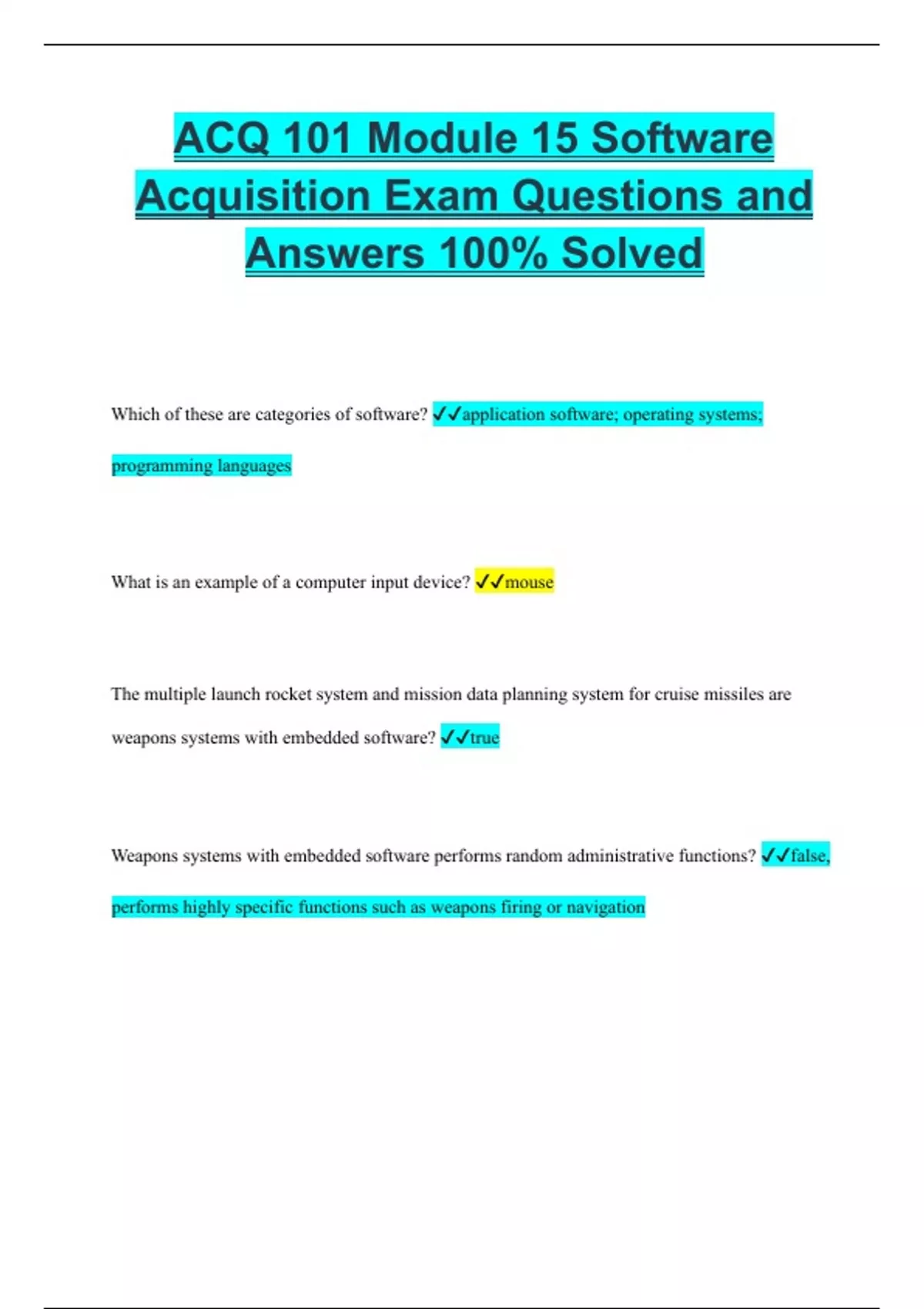 ACQ 101 Module 15 Software Acquisition Exam Questions and Answers 100% Solved - ACQ 101 - Stuvia US