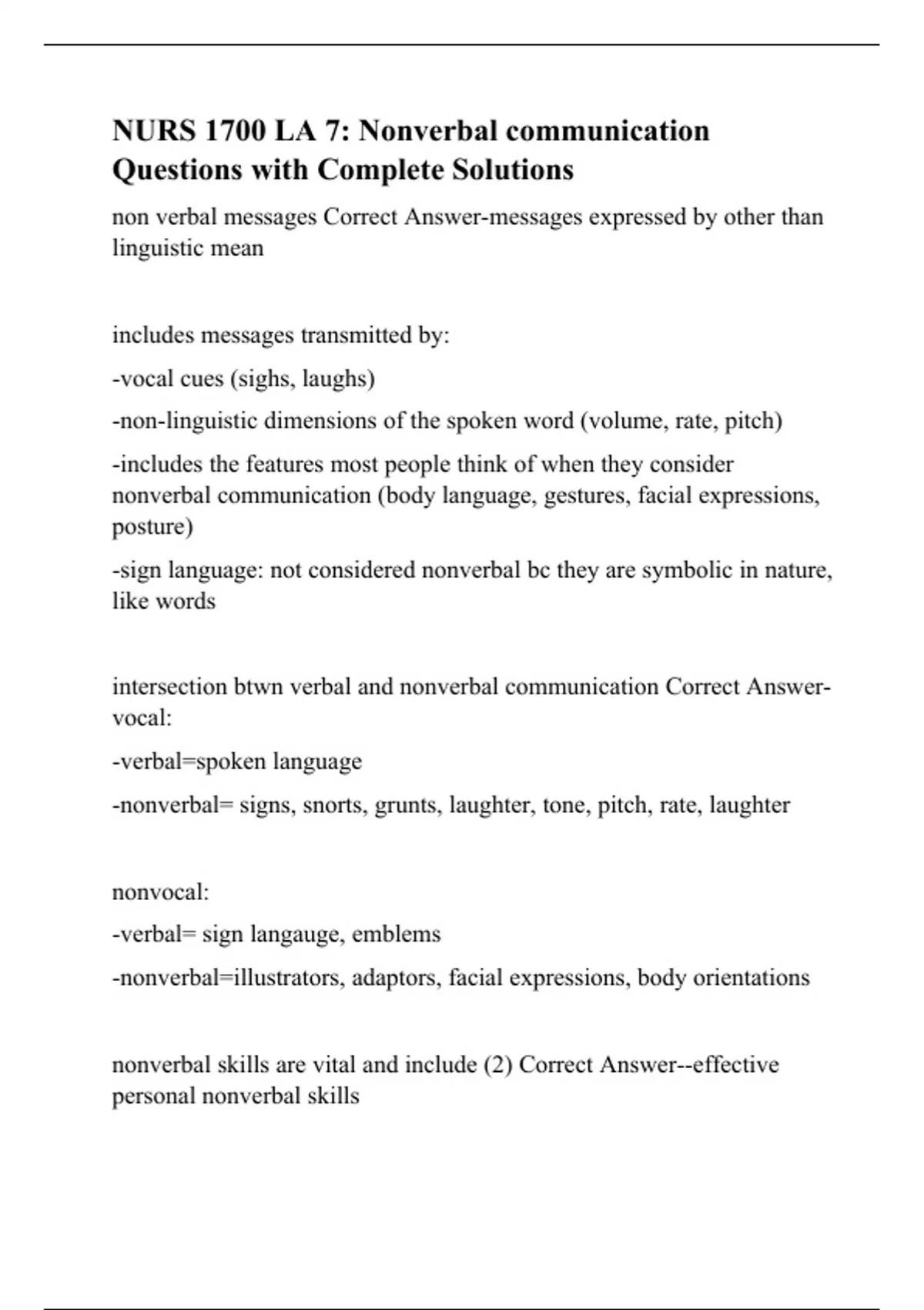NURS 1700 LA 7: Nonverbal communication Questions with Complete ...