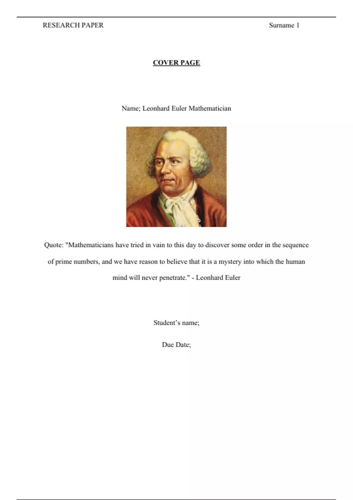 Name; Leonhard Euler Mathematician - Economics - Stuvia US